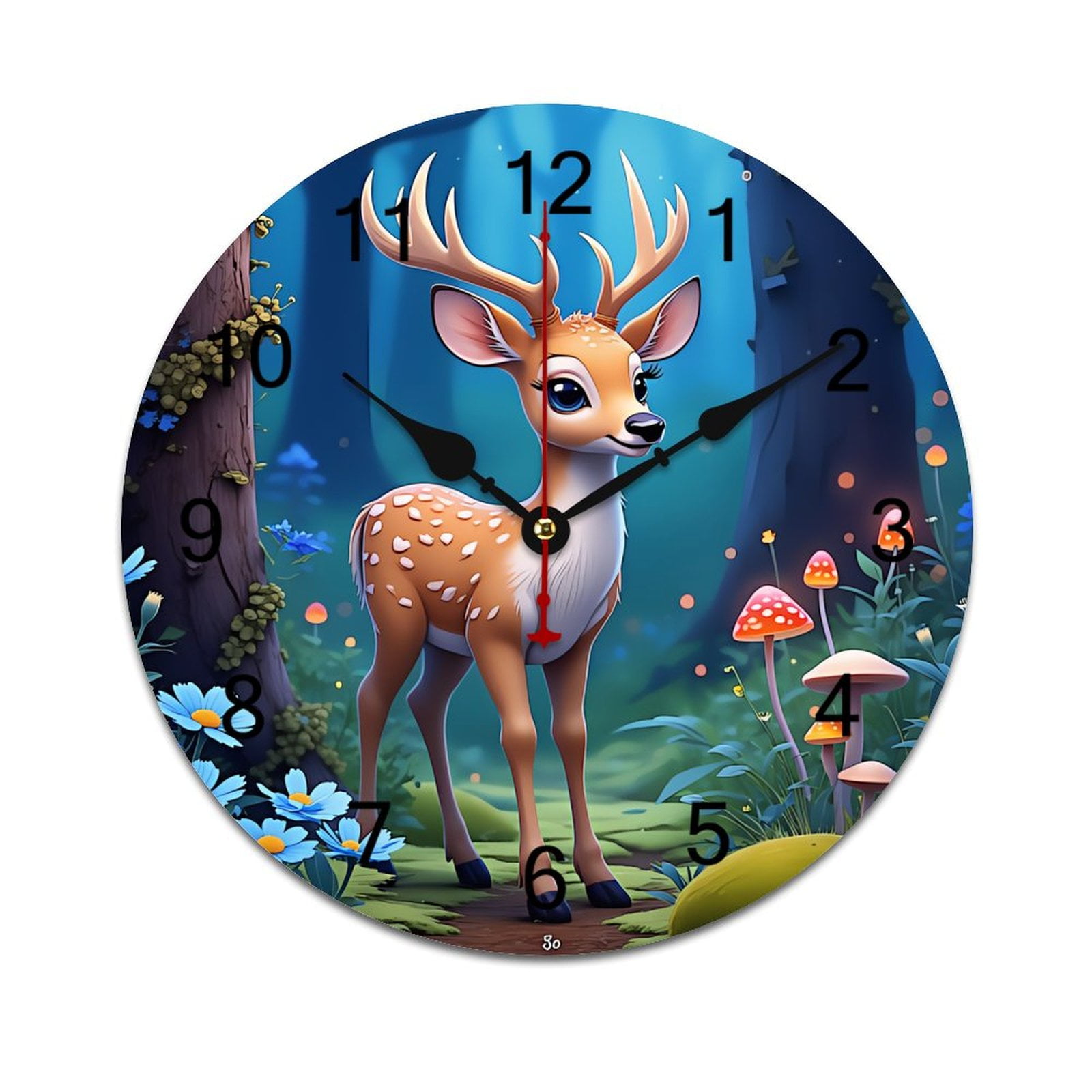 Cute Cartoon Deer Magical Forest with Flowers Printed Silent Wall Clock ...