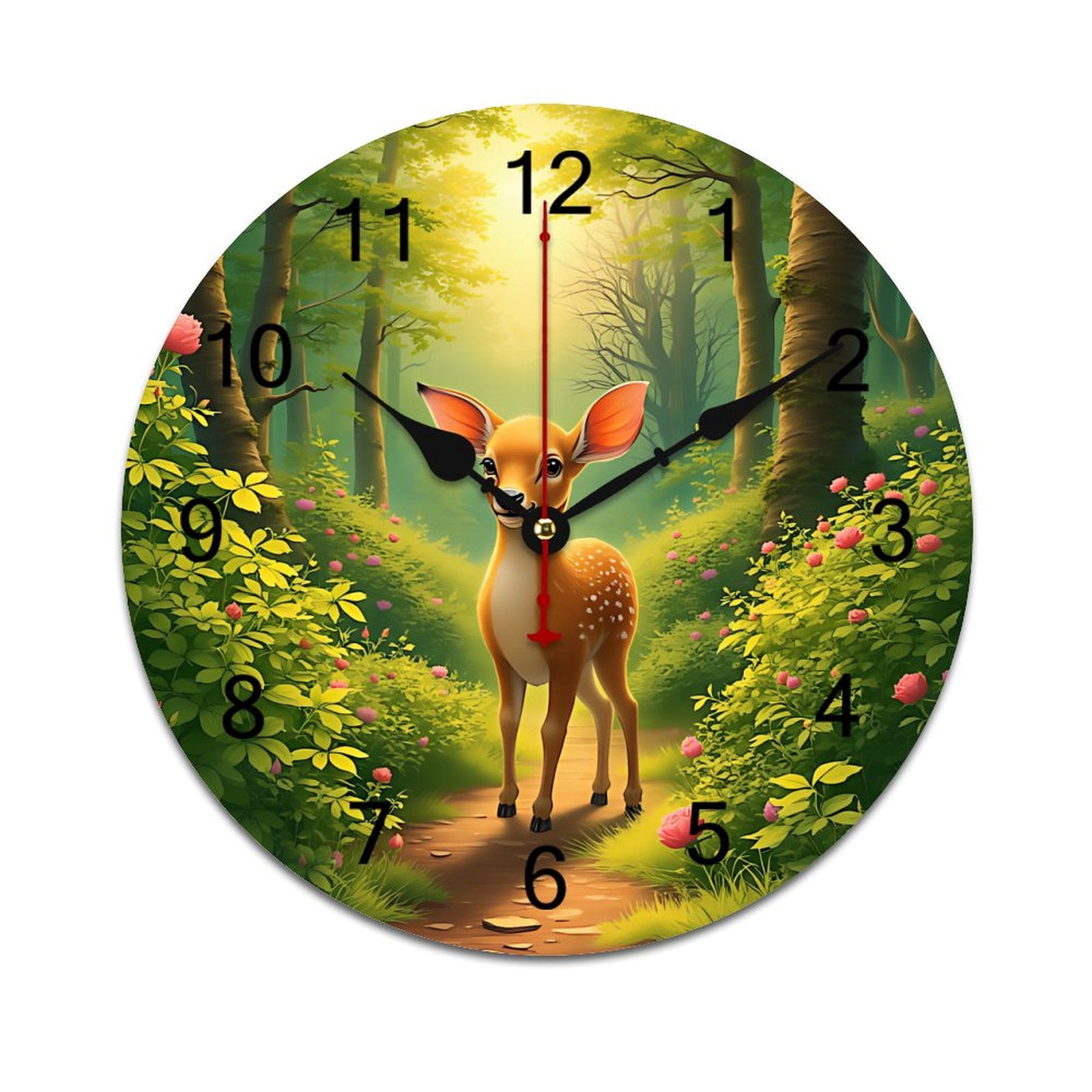 Cute Cartoon Deer Magical Forest with Flowers Printed Silent Wall Clock ...