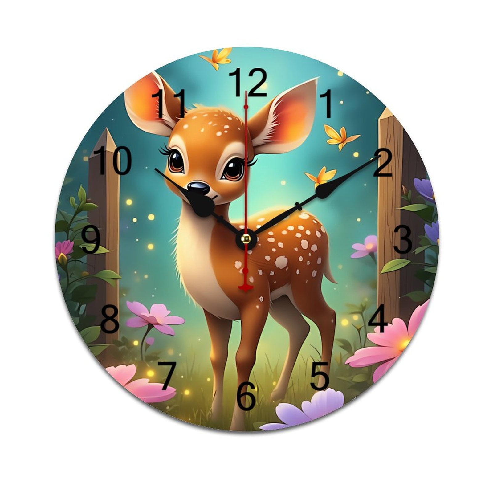 Cute Cartoon Deer Magical Forest with Flowers Printed Silent Wall Clock ...
