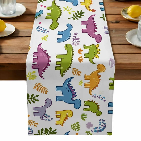 Cute Cartoon Dinosaur Cotton Linen Table Runner for Dining Kitchen ...