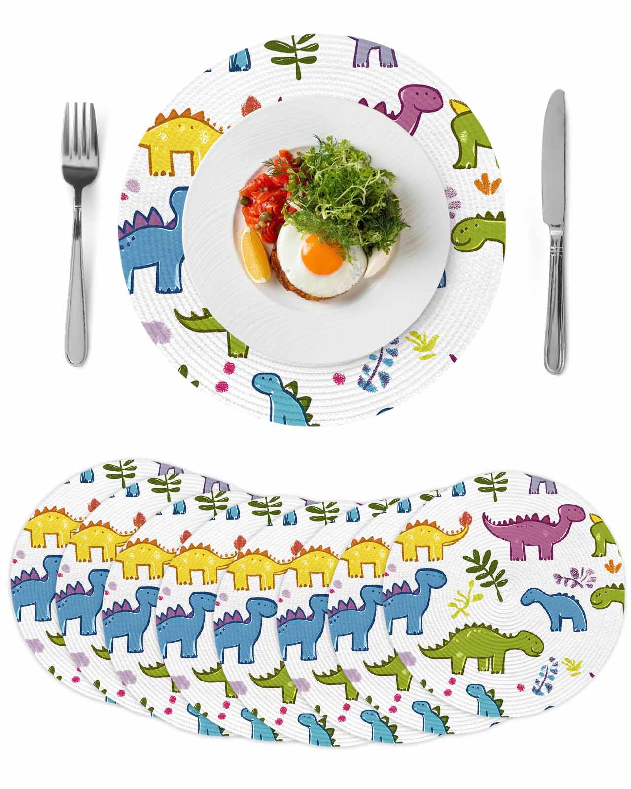 Cute Cartoon Dinosaur Round 15 Inch Placemats Set of 8, Green Blue ...