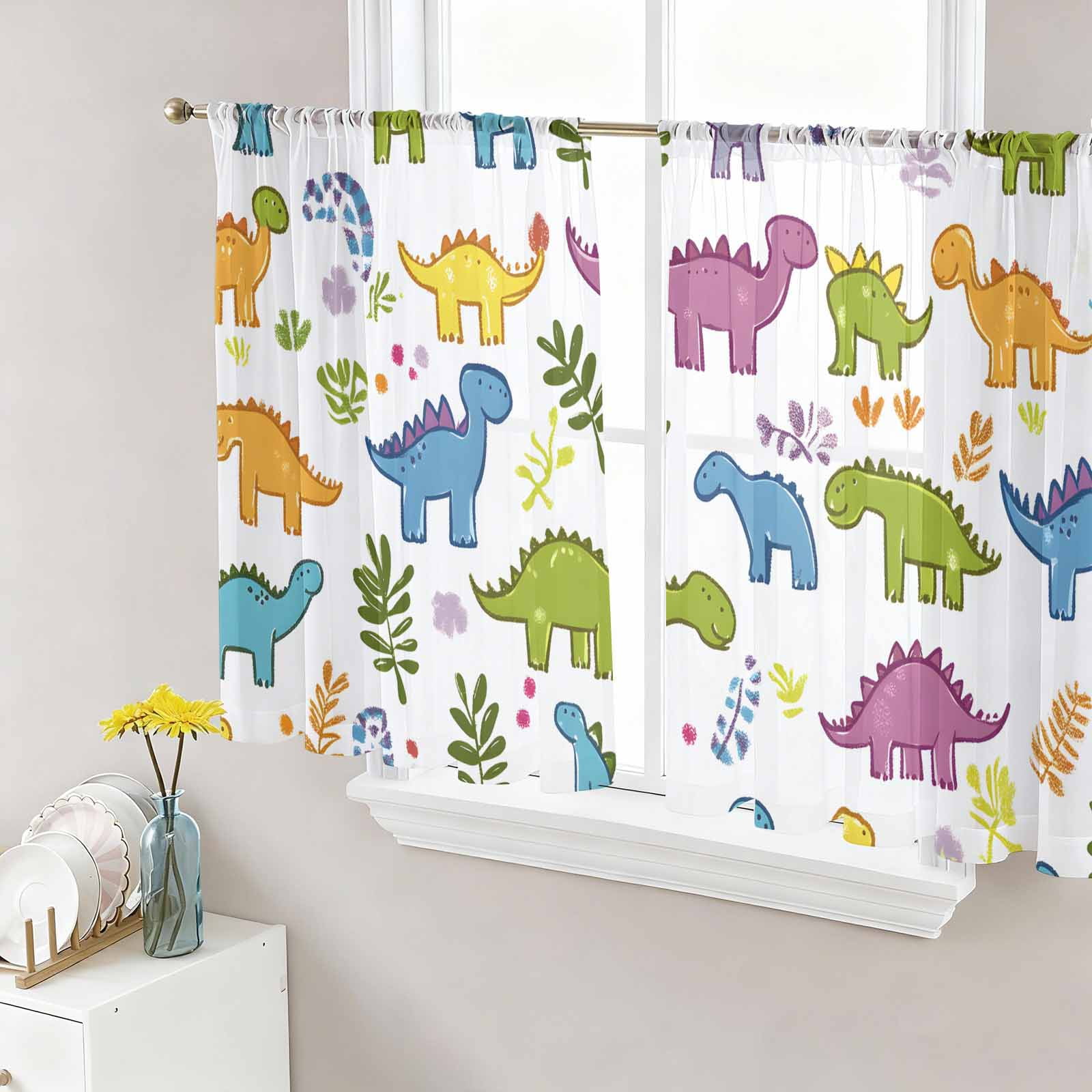 Cute Cartoon Dinosaur Semi Sheer Curtains 45 Inch Length 2 Panels Set ...