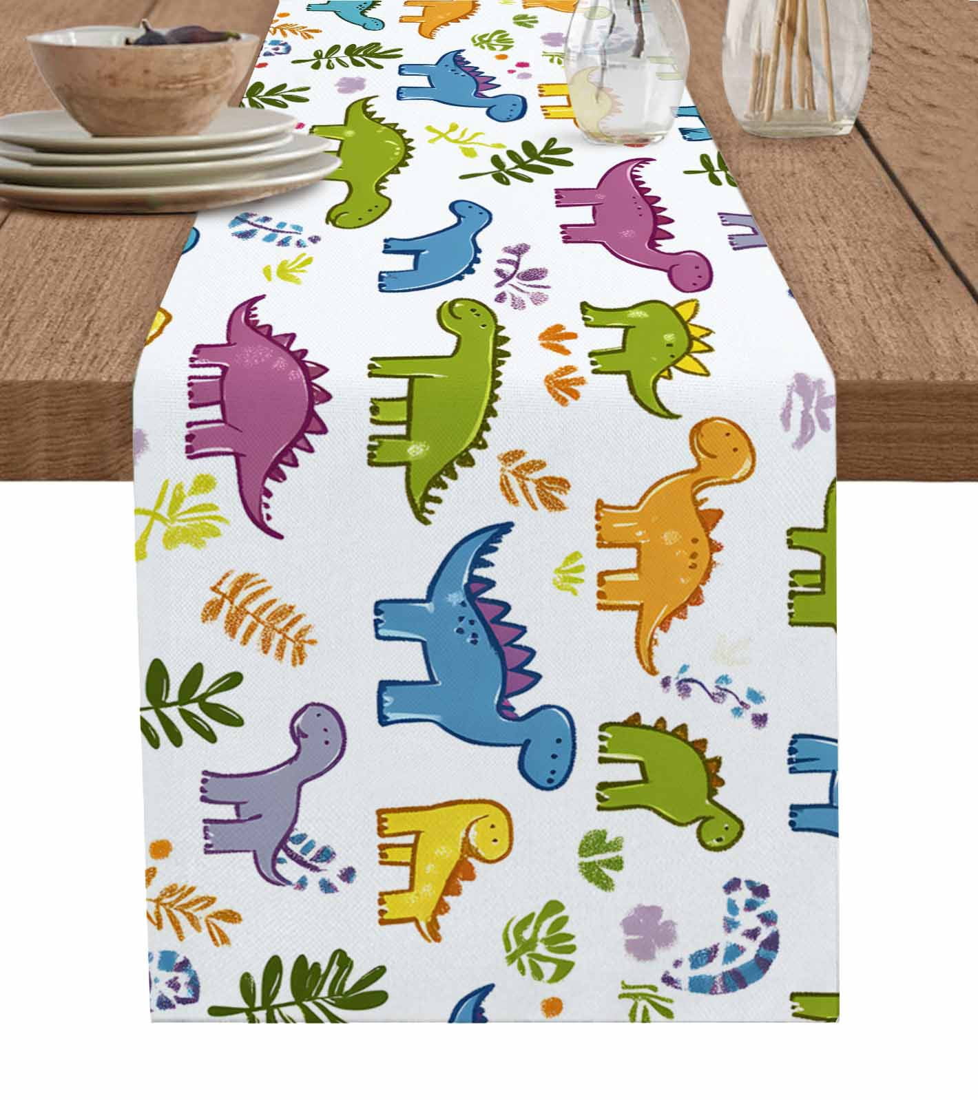 Cute Cartoon Dinosaur Table Runner 72 Inches, Green Blue Purple Animals ...