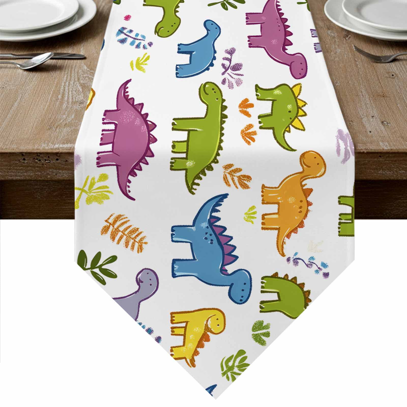Cute Cartoon Dinosaur Table Runner Linen Burlap Table Runner 72 Inches ...