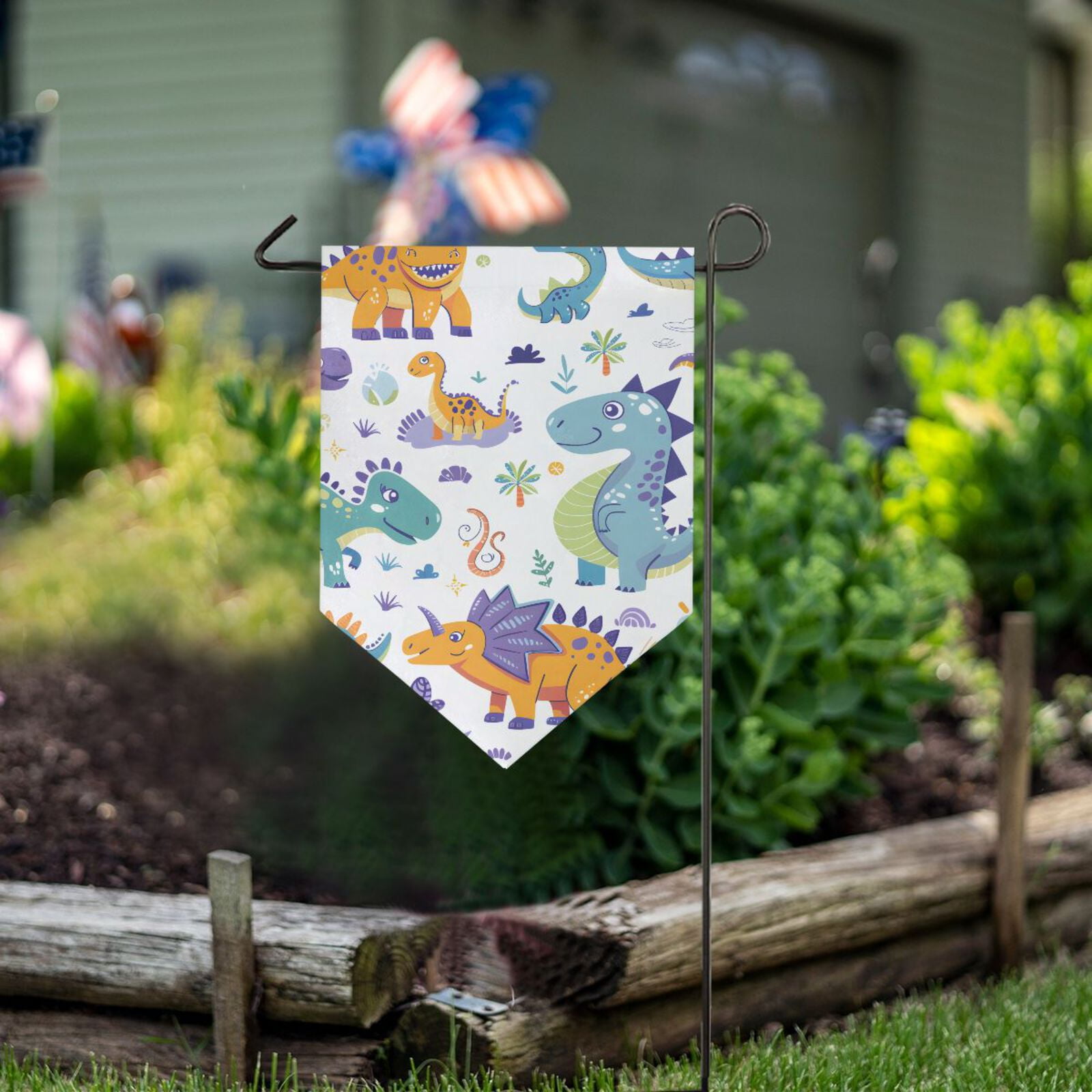 Cute Cartoon Dinosaurs Garden Flag 18" x 12.5" Double Sided Yard Lawn ...