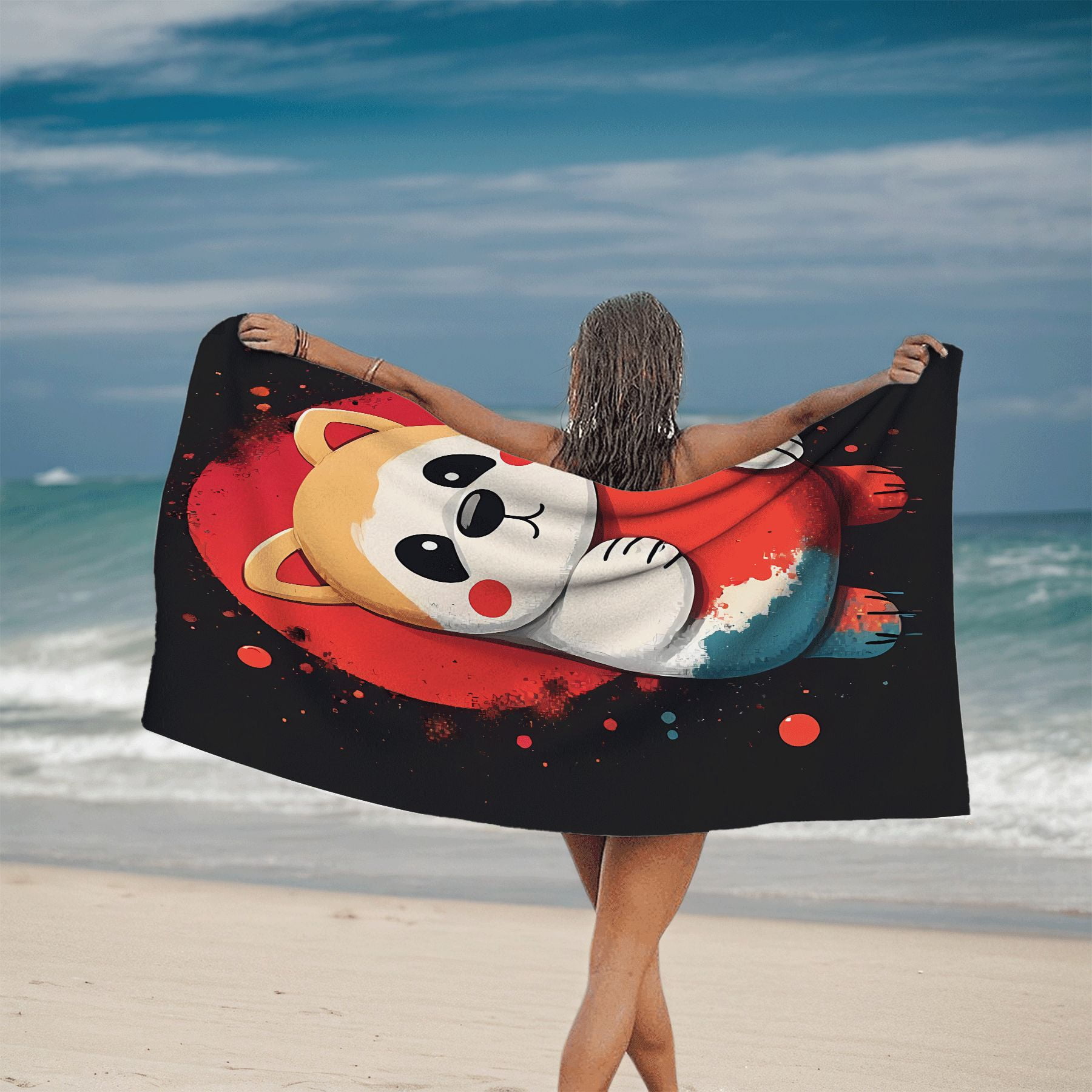 Cute Cartoon Dog Bath Towel - Cheerful White Dog with Red & Blue ...