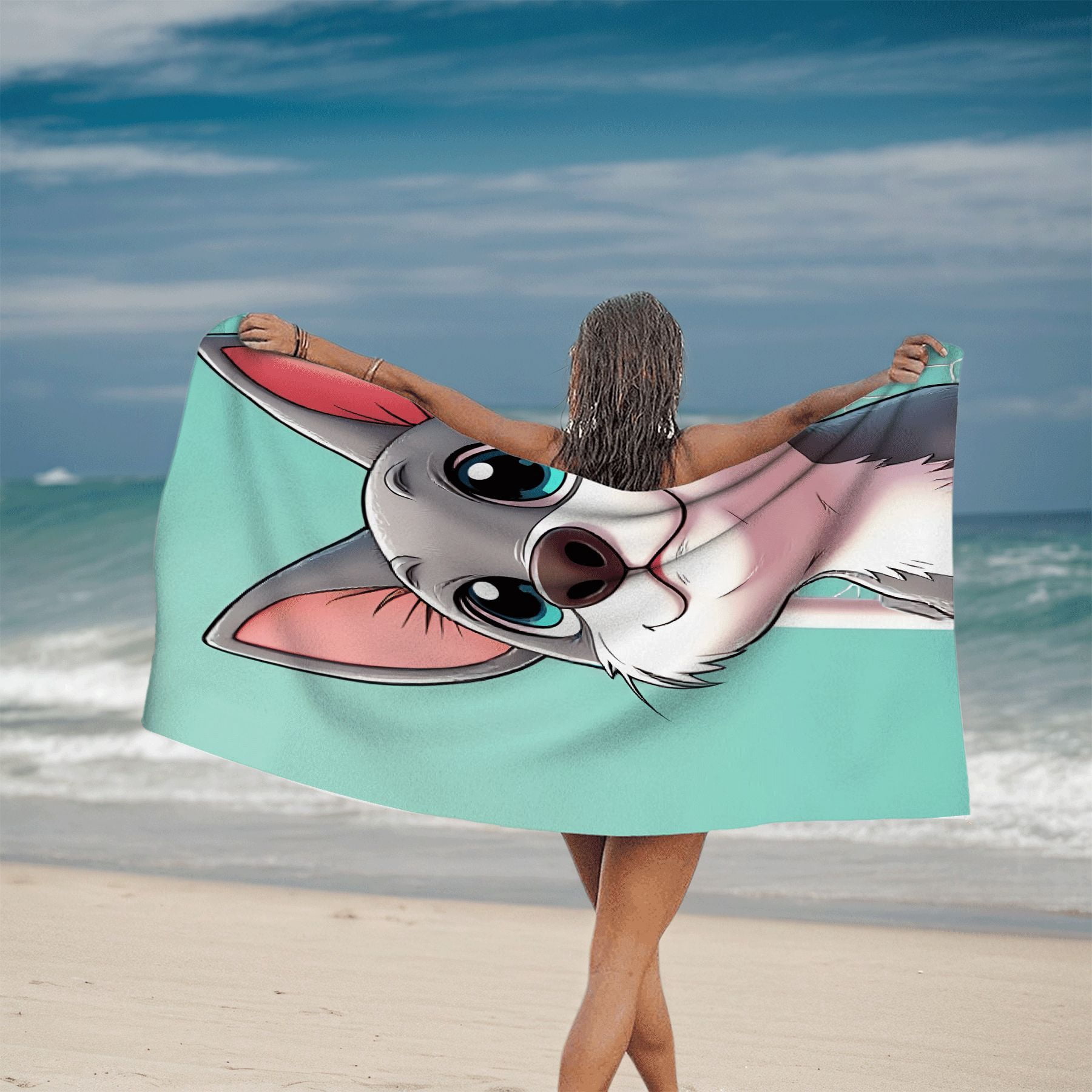 Cute Cartoon Dog Beach Towel - Gray Friendly Expressive Eyes Perfect ...