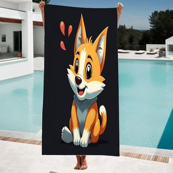 Cute Cartoon Dog Beach Towel - Orange Cheerful Design with Heart ...