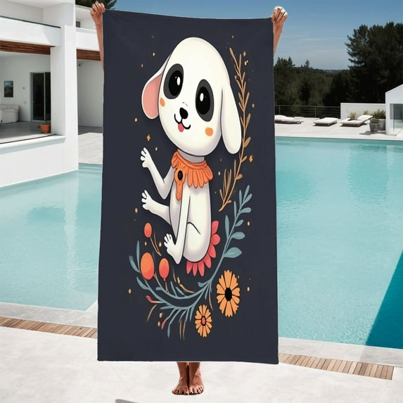 Cute Cartoon Dog Beach Towel - Whimsical Floral Design with Orange and ...