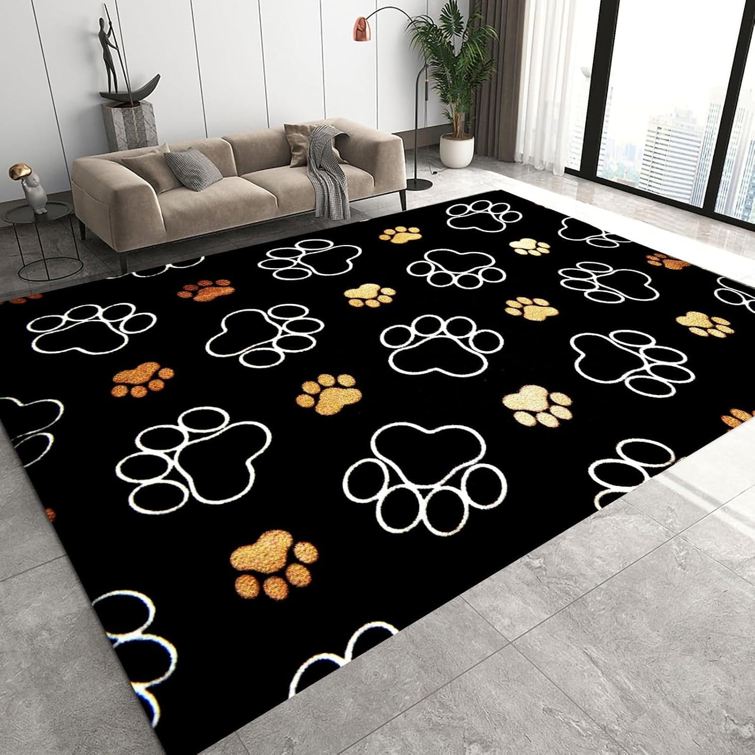 Cute Cartoon Dog Paw Area Rug, Watercolor Animal Print Indoor Non-Slip ...