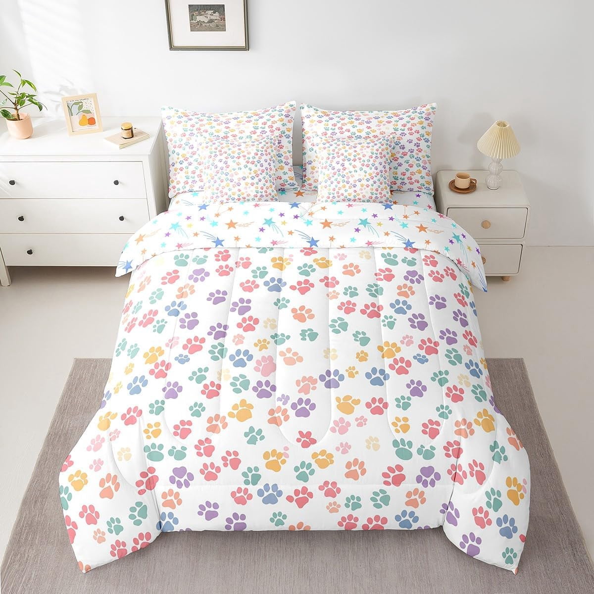 Cute Cartoon Dog Paw Print Twin Comforter Set with Sheets for Girls and ...