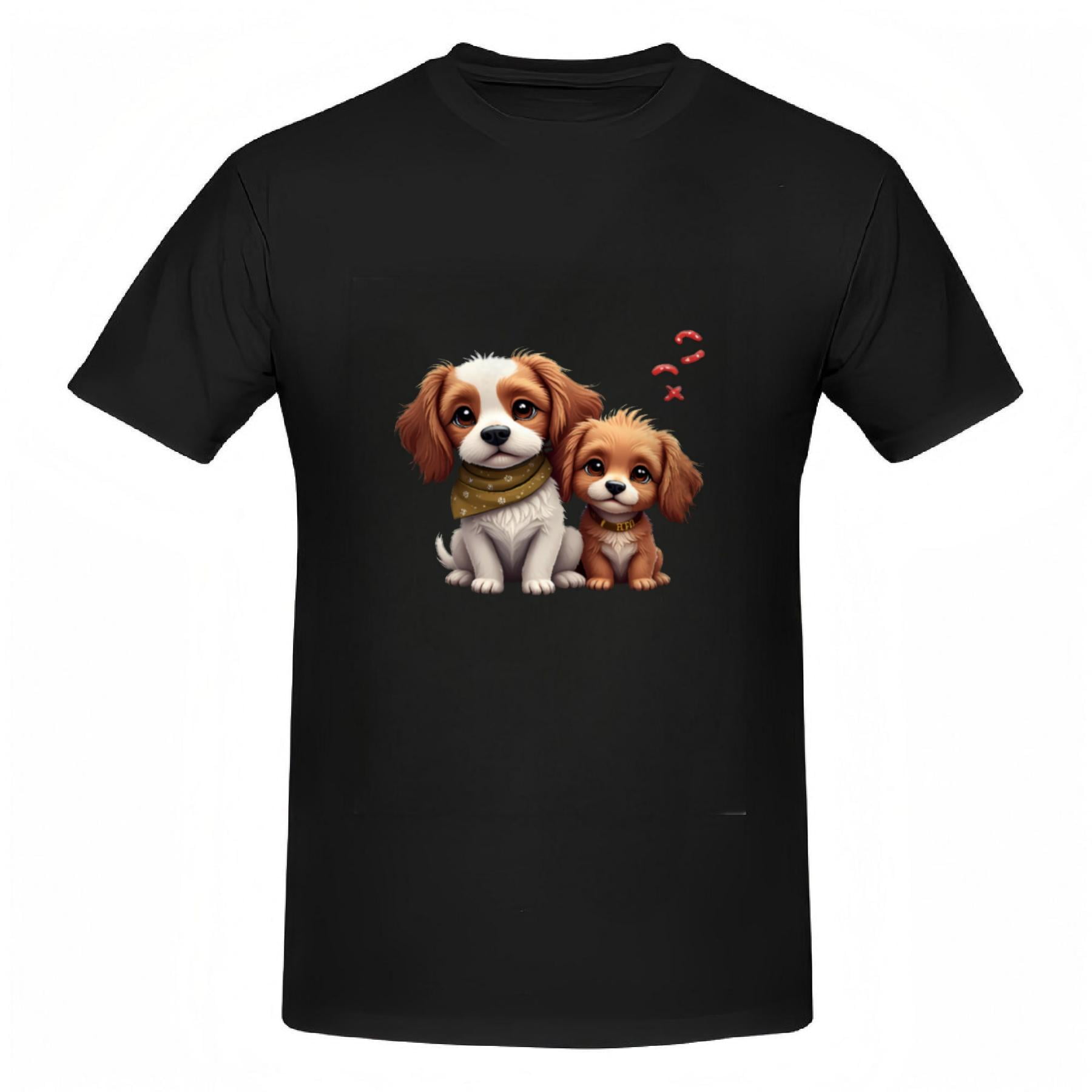 Cute Cartoon Dog Print Cotton Short Sleeve T-Shirt - Features Happy ...