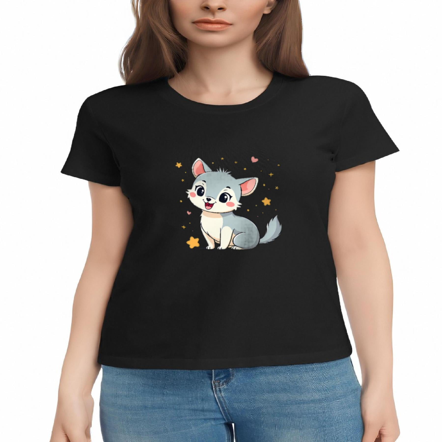 Cute Cartoon Dog Print Women's Cotton Short Sleeve T-Shirt - Fluffy ...