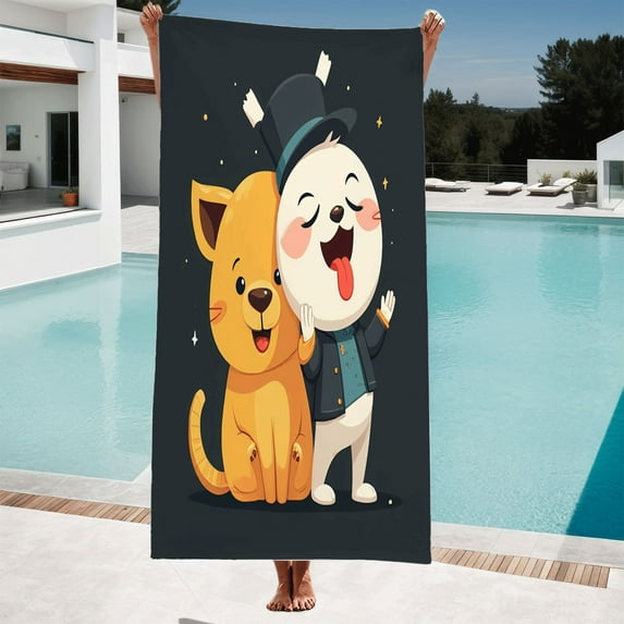 Cute Cartoon Dog and Rabbit Beach Towel - Playful Design with Magical ...