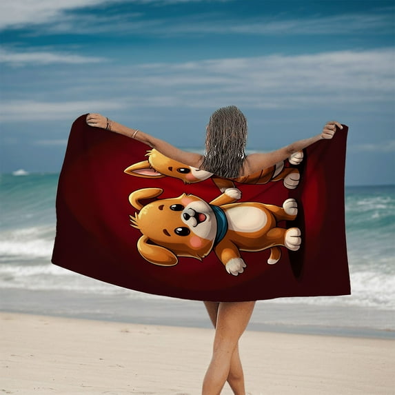 Cute Cartoon Dogs Beach Towel - Brown Dogs with Blue Scarf & Brown Vest ...
