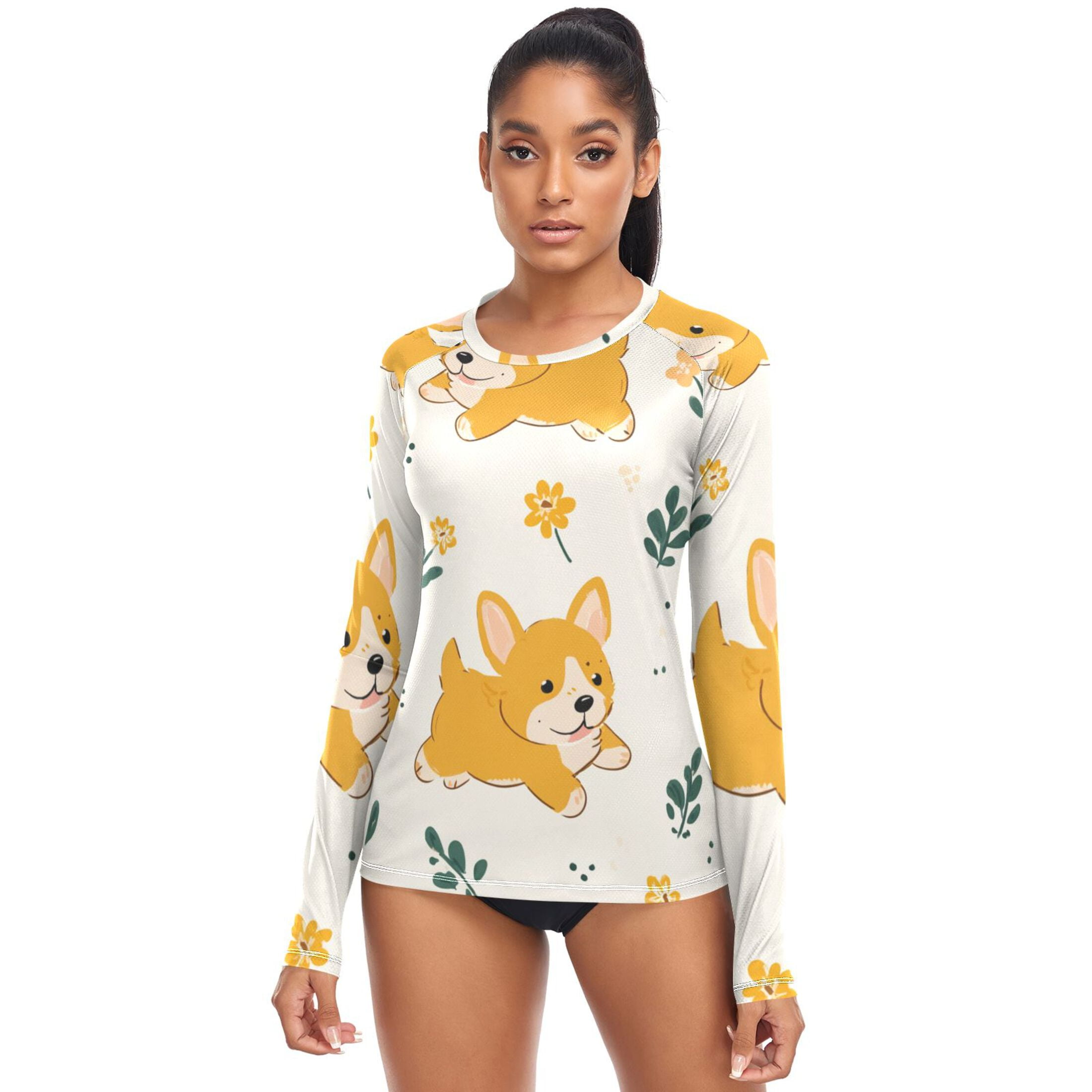 Cute Cartoon Dogs Run Leaves Flowers Women's Rash Guard Shirts UPF 50 ...