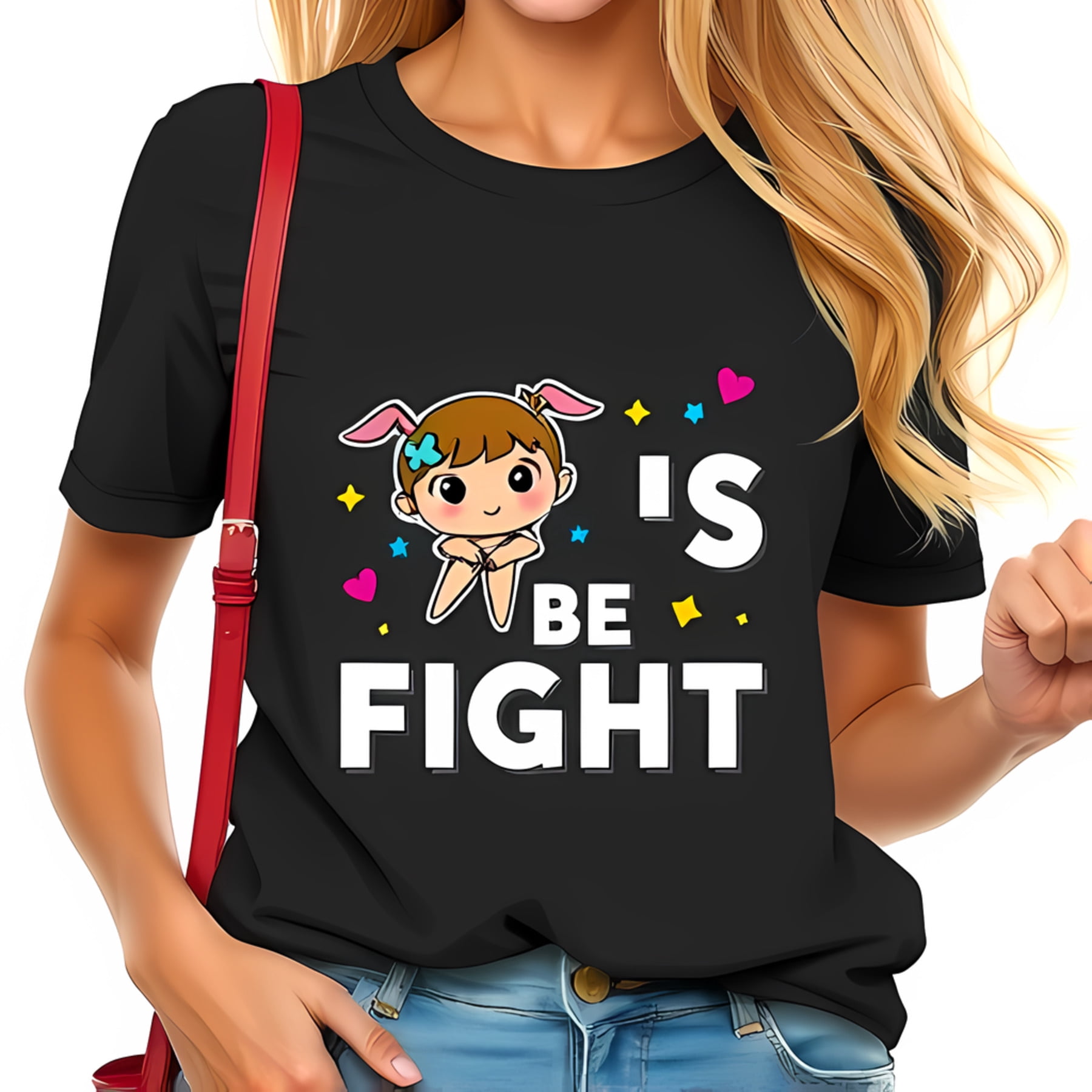 Cute Cartoon Ears Girl T-Shirt with " IS BE FIGHT " Text - Pastel ...