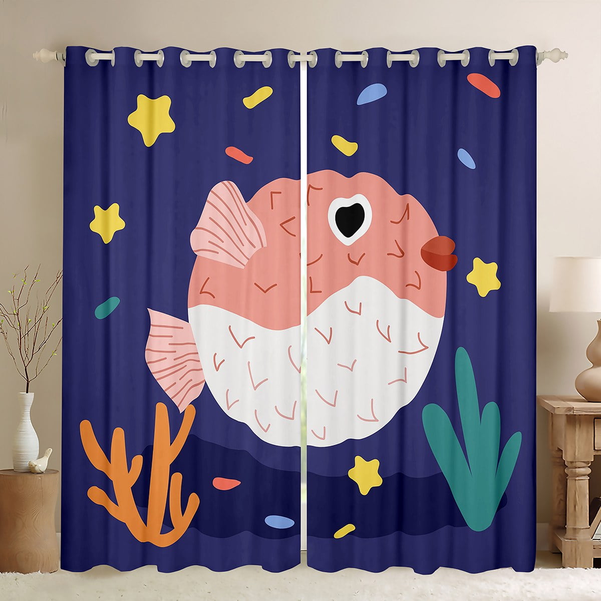 Cute Cartoon Fish Blackout Curtains 38"x45" Set of 2 Panels,Kawaii ...