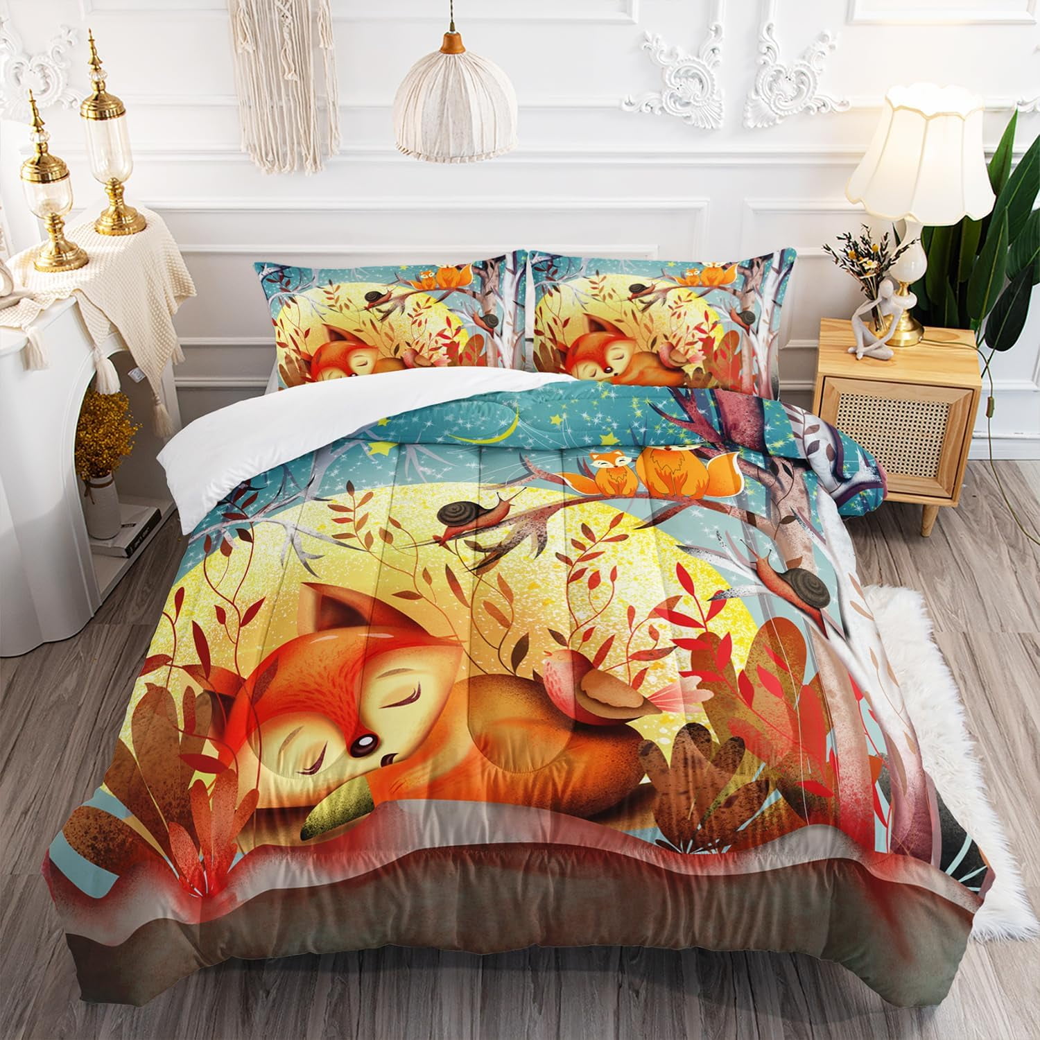 Cute Cartoon Fox Comforter Set Queen with Snails and Birds Pattern ...