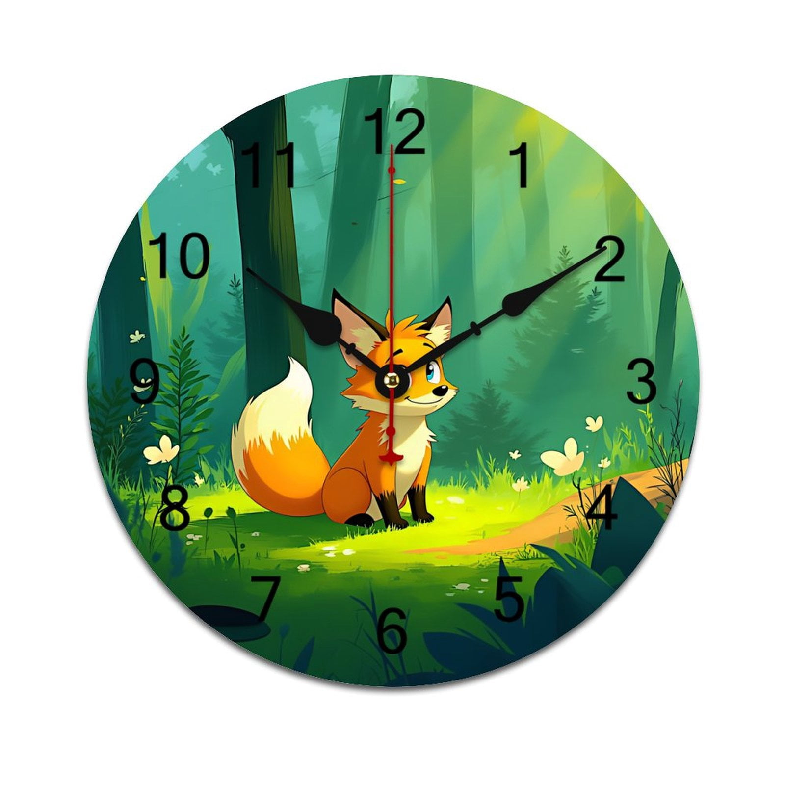 Cute Cartoon Fox with Colorful Flowers Printed Silent Wall Clock Round ...