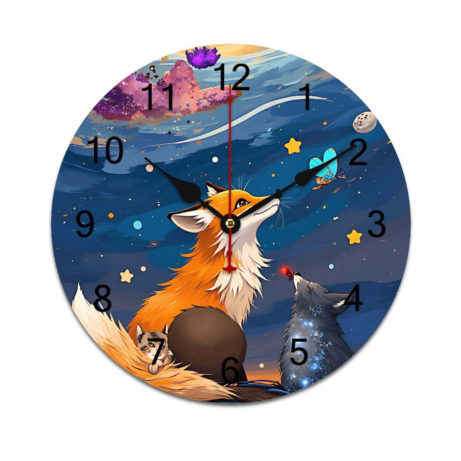 Cute Cartoon Fox with Colorful Flowers Printed Silent Wall Clock Round ...