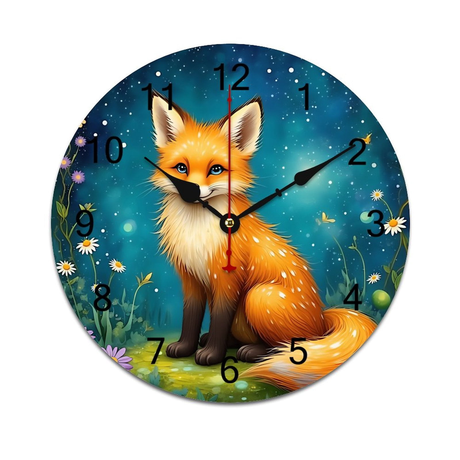 Cute Cartoon Fox with Colorful Flowers Printed Silent Wall Clock Round ...