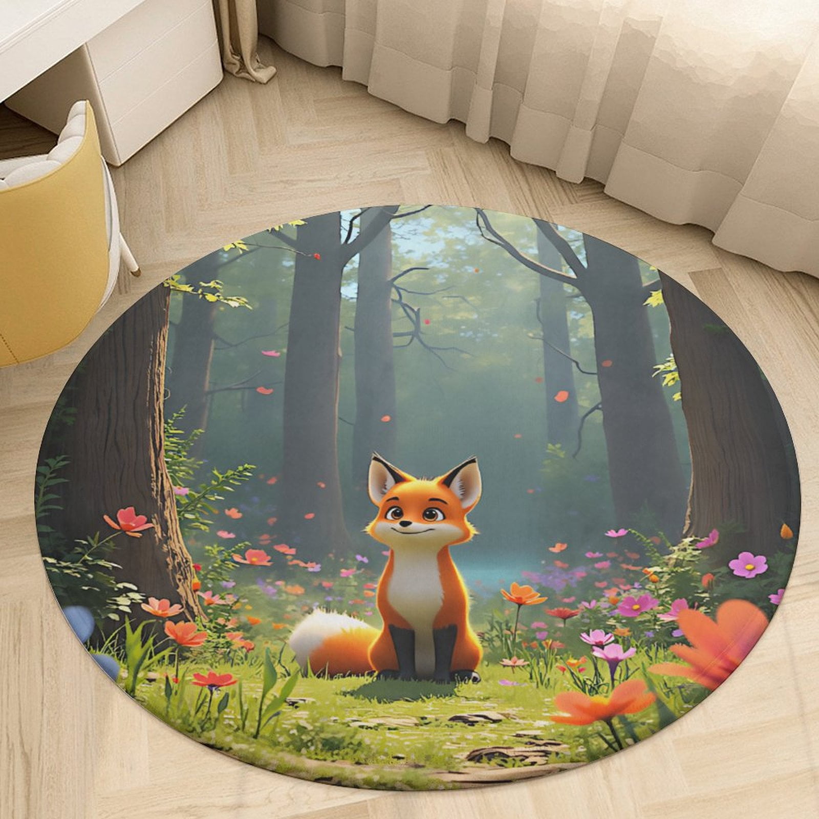 Cute Cartoon Fox with Colorful Flowers Round Area Rugs for Bedroom ...