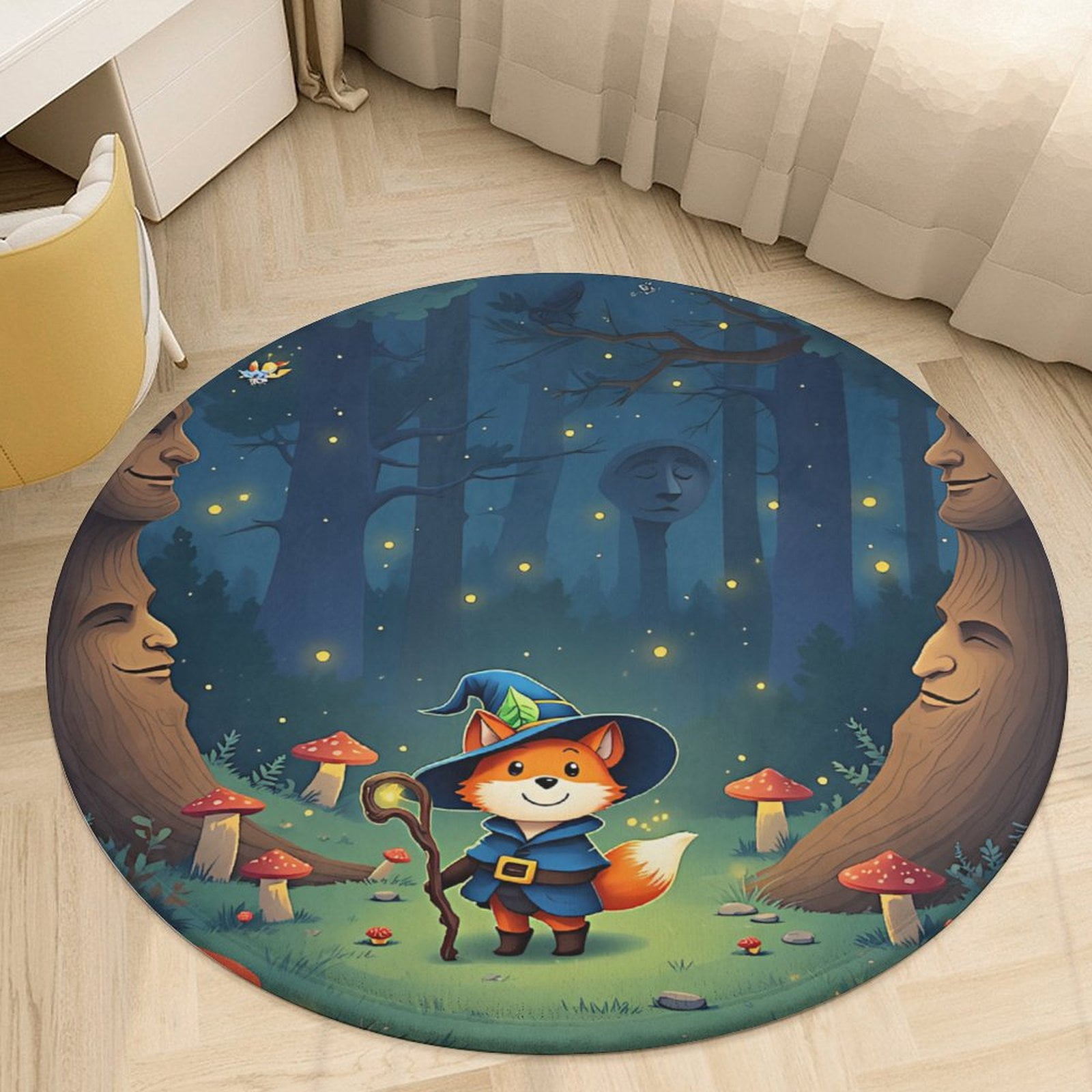 Cute Cartoon Fox with Colorful Flowers Round Area Rugs for Bedroom ...