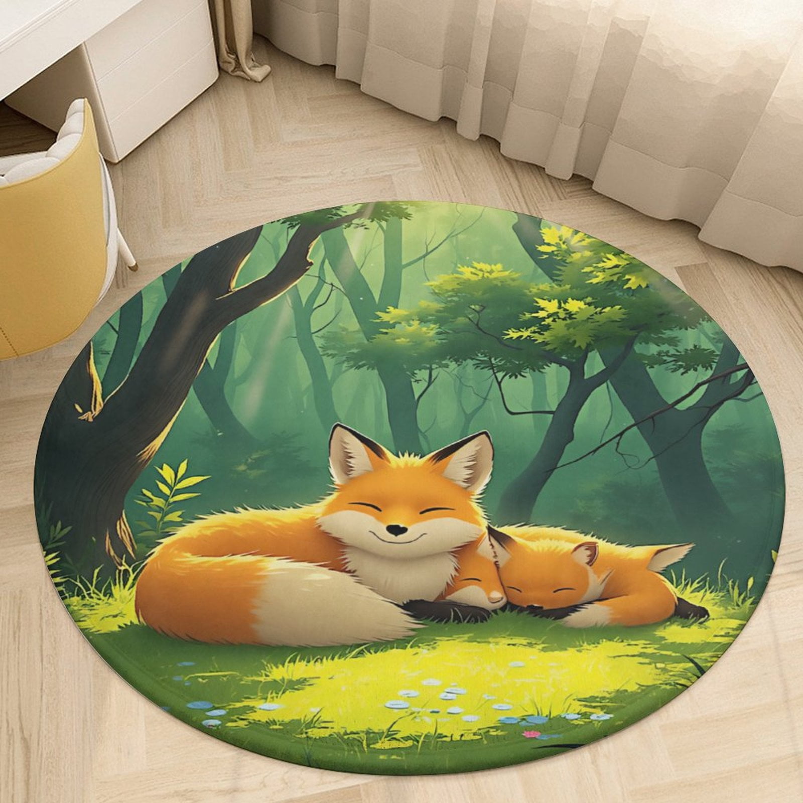 Cute Cartoon Fox with Colorful Flowers Round Area Rugs for Bedroom ...