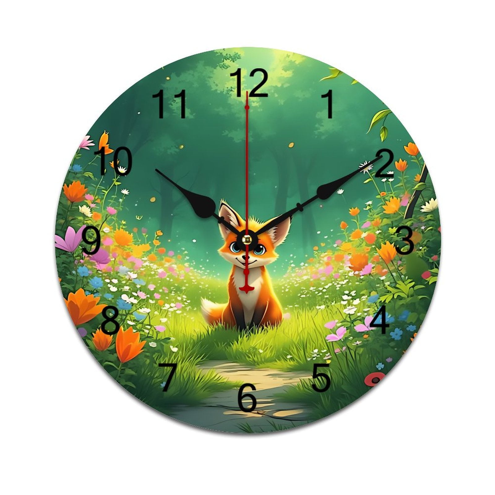 Cute Cartoon Fox with Colorful Flowers Time Decorative Wall Clocks ...