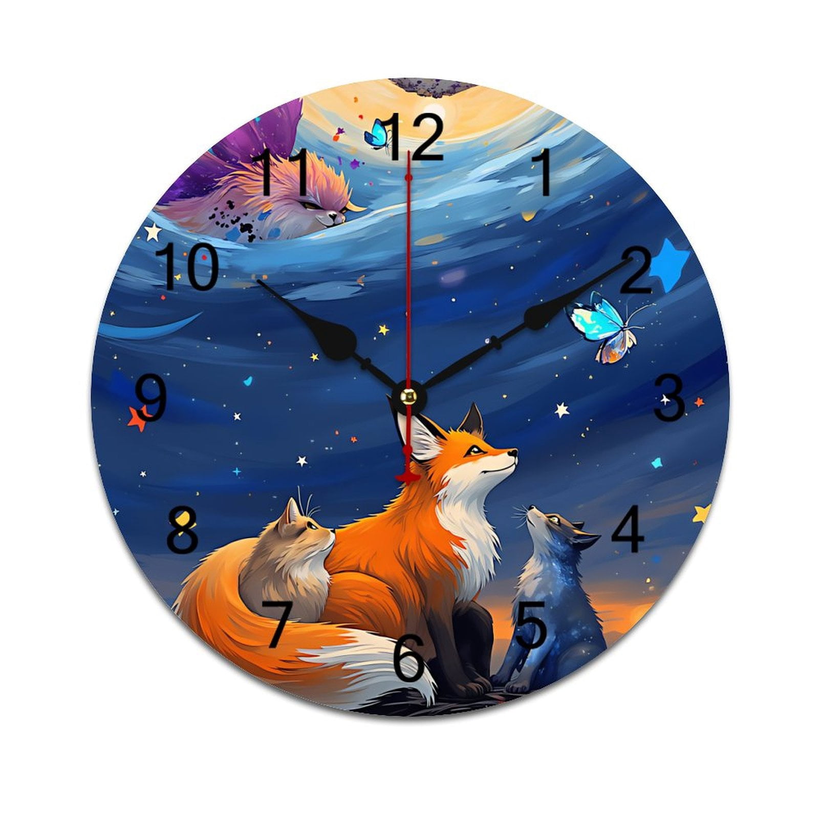 Cute Cartoon Fox with Colorful Flowers Word Saying Big Wall Clock Home ...