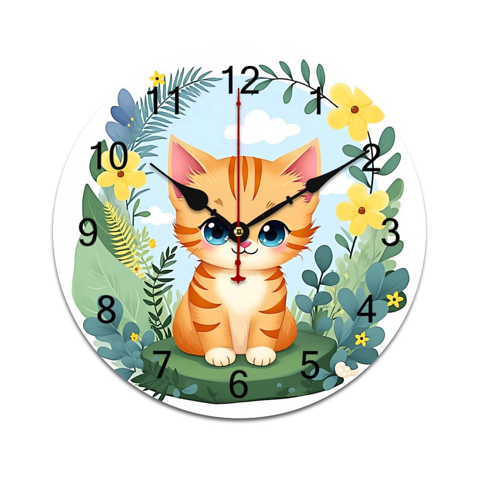 Cute Cartoon Fox with Flowers Printed Silent Wall Clock Round Kitchen ...