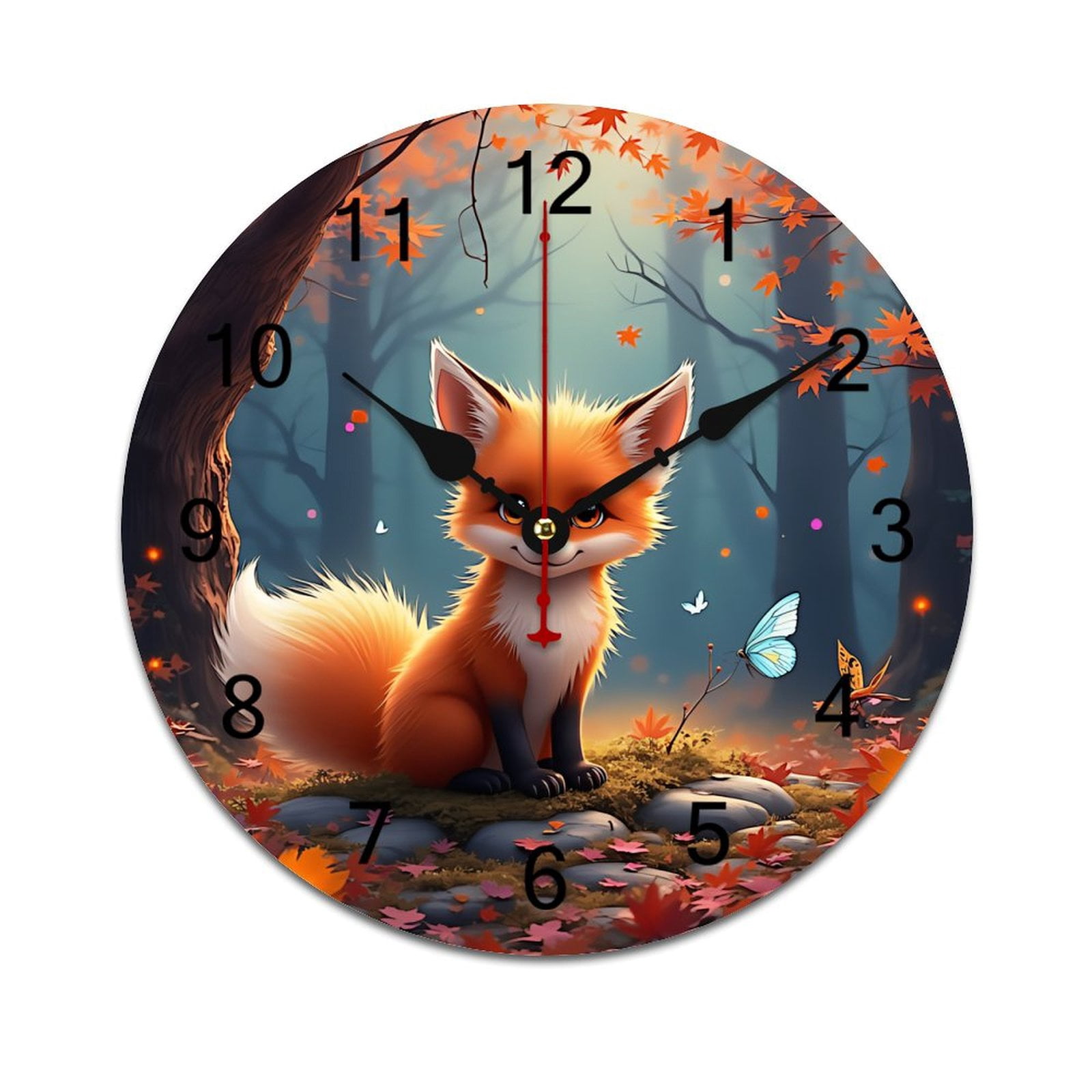 Cute Cartoon Fox with Flowers Printed Silent Wall Clock Round Kitchen ...
