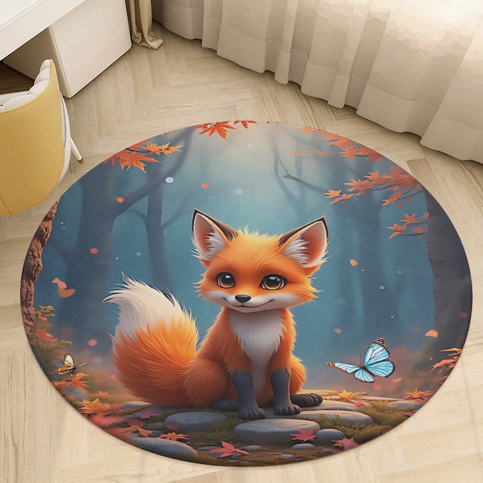 Cute Cartoon Fox with Flowers Round Area Rugs for Bedroom Living Room, 3FT Soft Indoor Circle ...