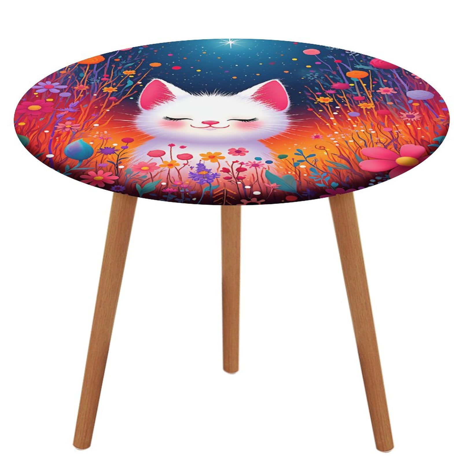 Cute Cartoon Fox with Flowers Round Fitted Tablecloth Elastic Table ...