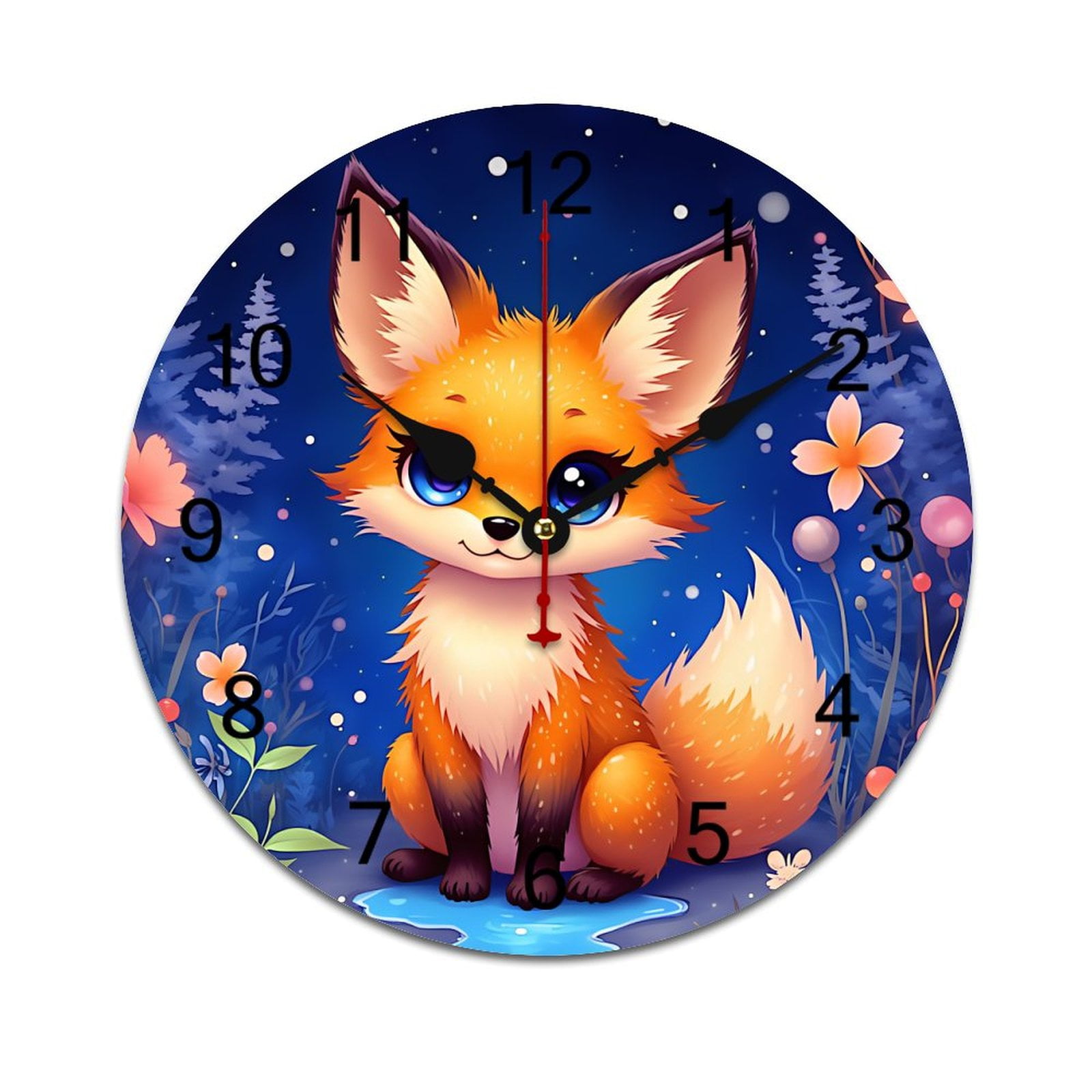 Cute Cartoon Fox with Flowers Time Decorative Wall Clocks Round Large ...