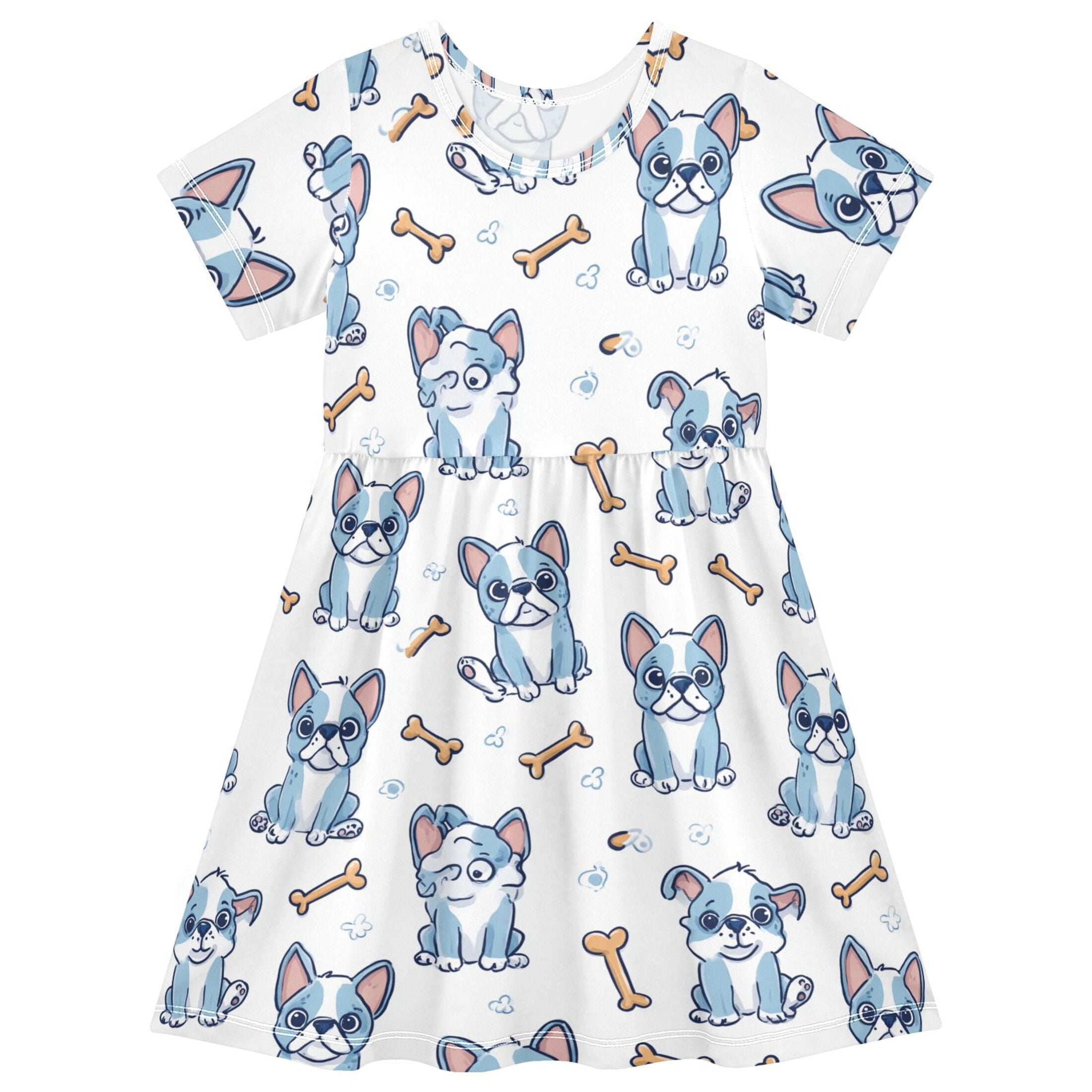Cute Cartoon French Bulldog and A Bone Short Sleeve Dress A-Line Cute ...