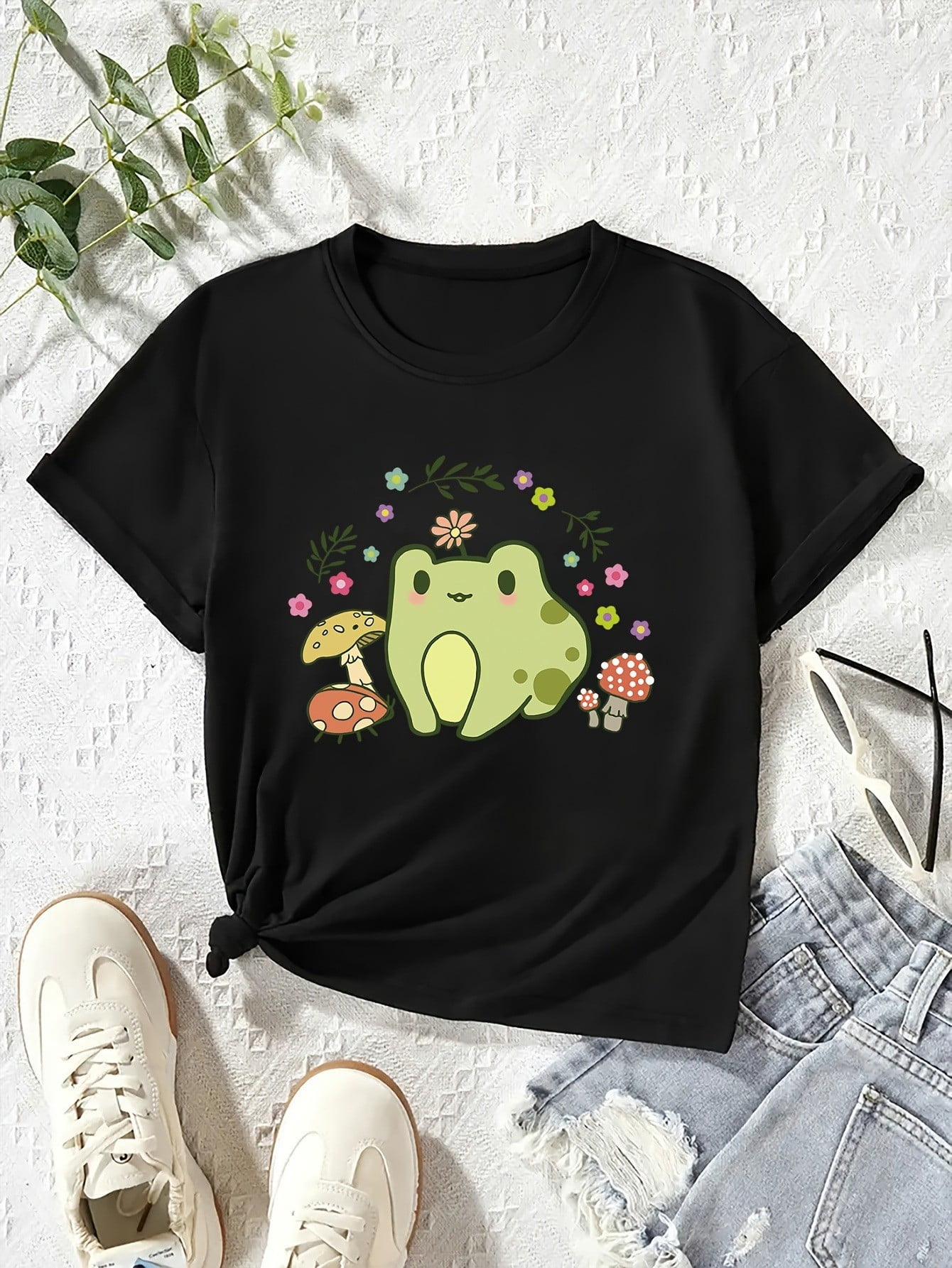 Cute Cartoon Frog With Mushroom Graphic Print, Tween Girls' Casual ...