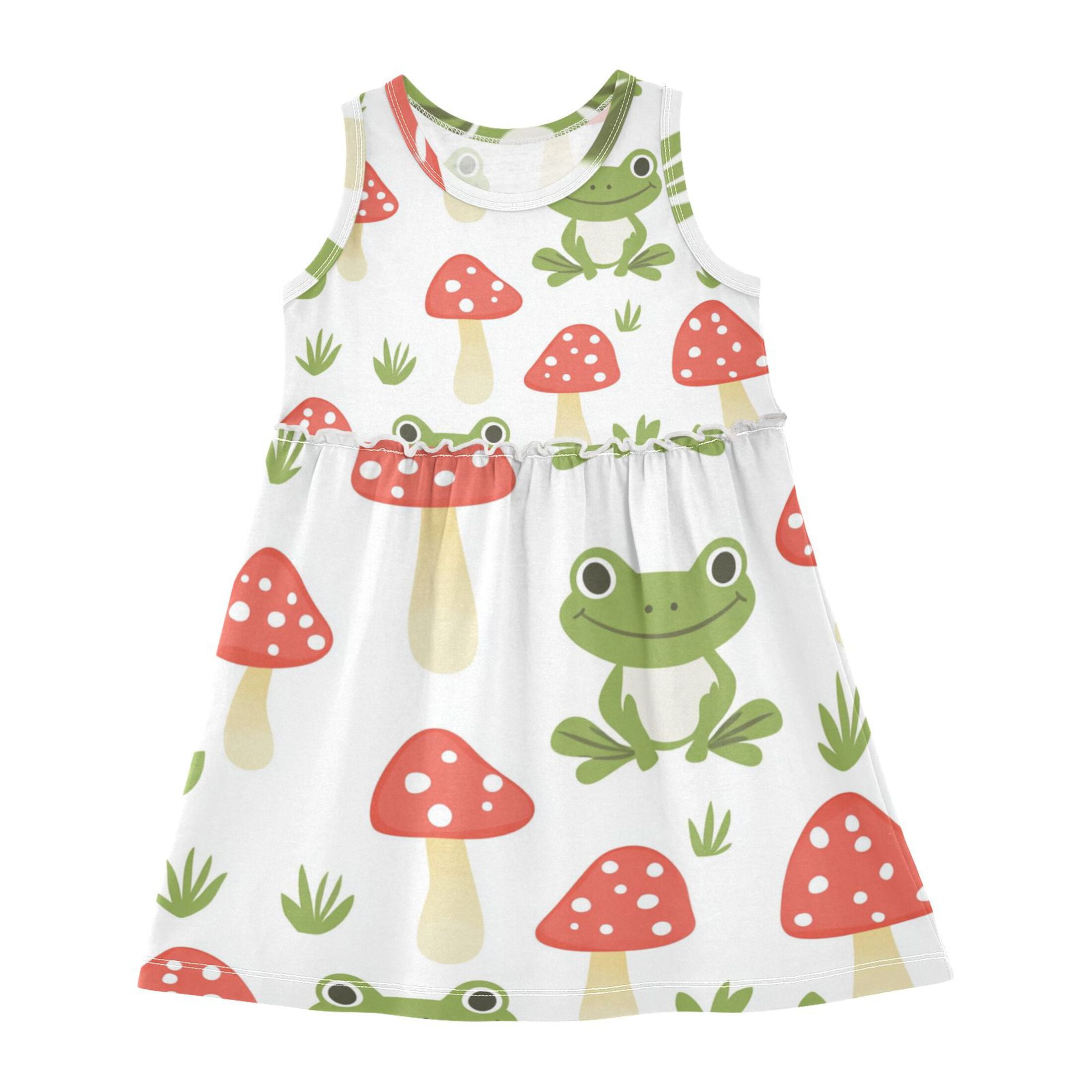 Cute Cartoon Frogs Leaves Mushrooms Girls' Sleeveless Dress A-Line One ...