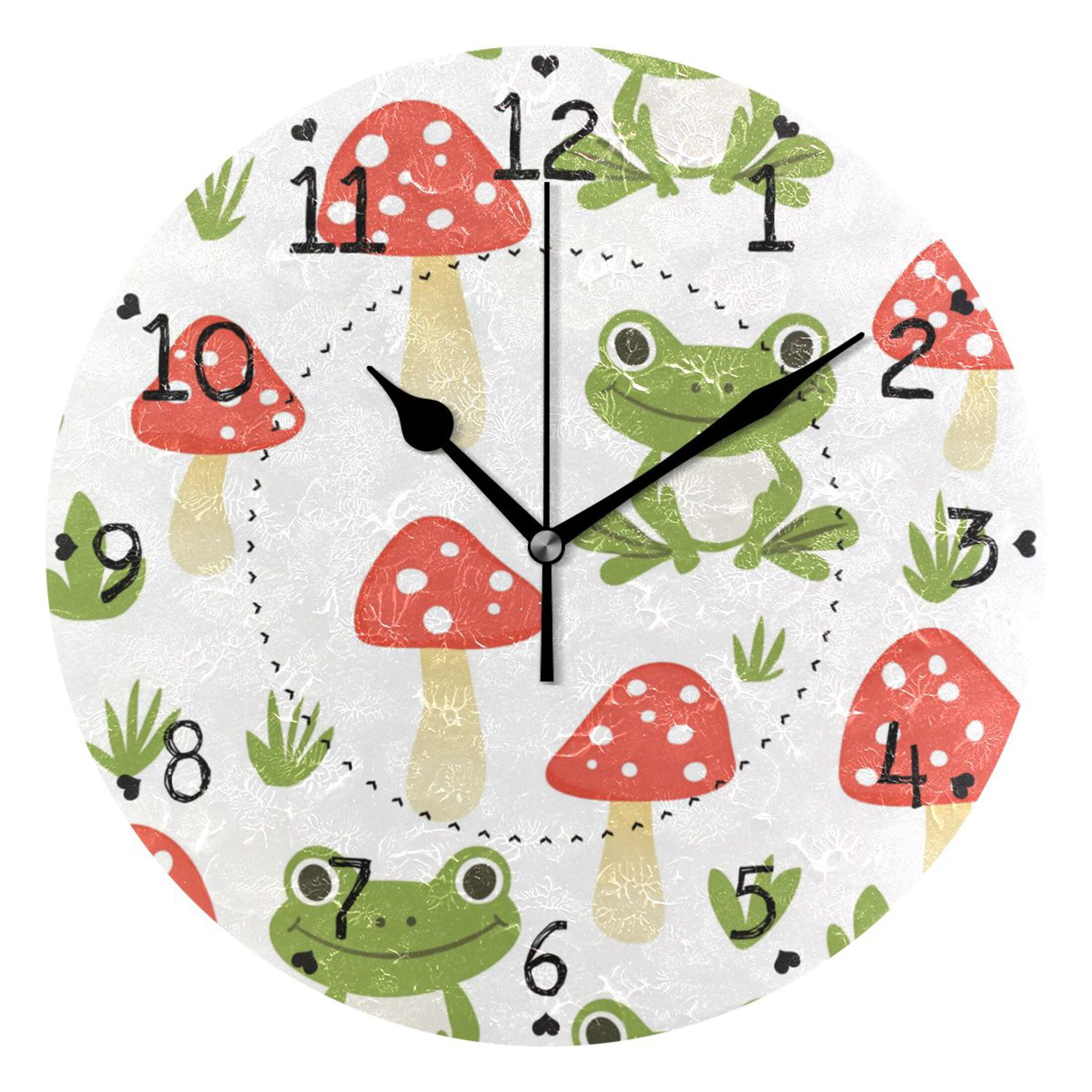 Cute Cartoon Frogs Leaves Mushrooms Round Wall Clock Silent Analog ...