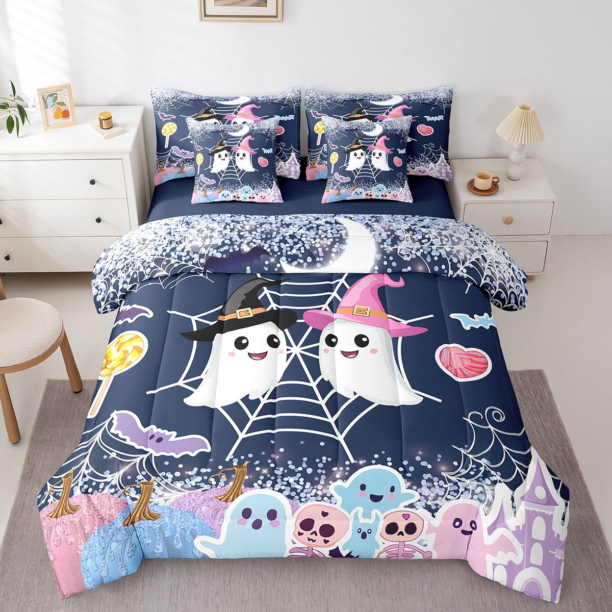 Cute Cartoon Ghost Bed in a Bag 7 Pcs Happy Halloween Bedding Twin ...