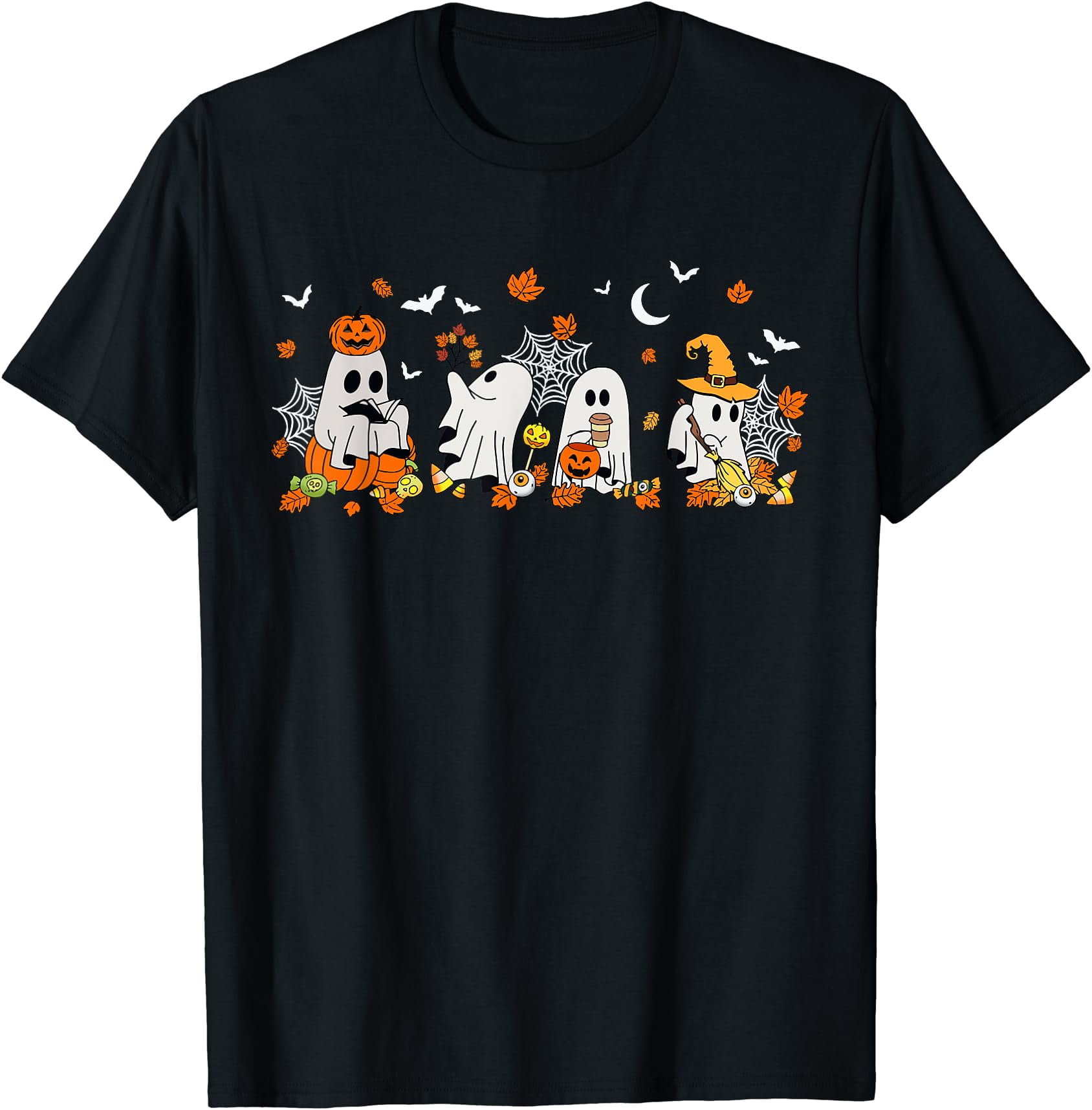 Cute Cartoon Ghosts Coffee Halloween Fall T-Shirt for Cozy Autumn Vibes ...