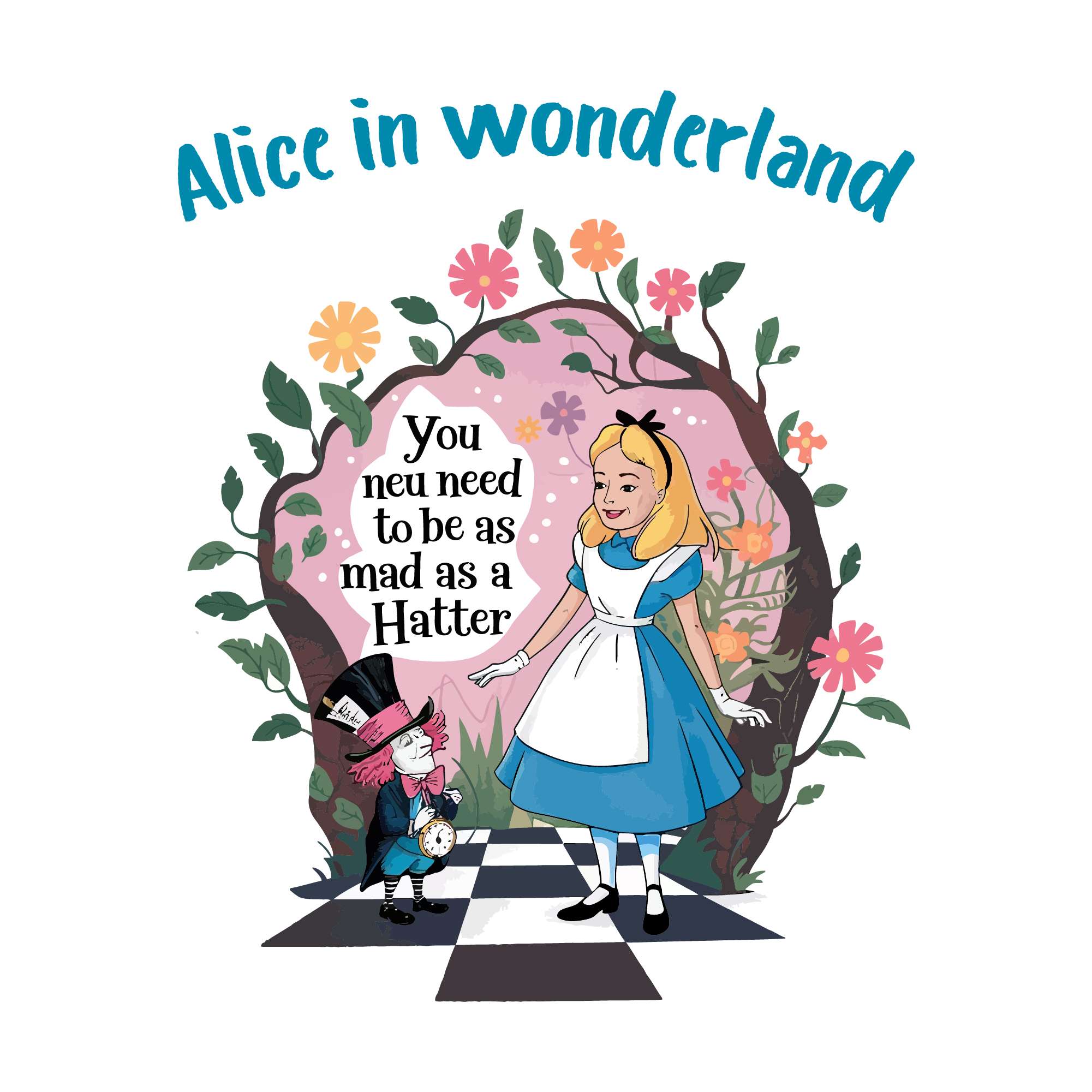 Cute Cartoon Girl and Hat man Mad Hatter Cheshire Cat Alice in ...