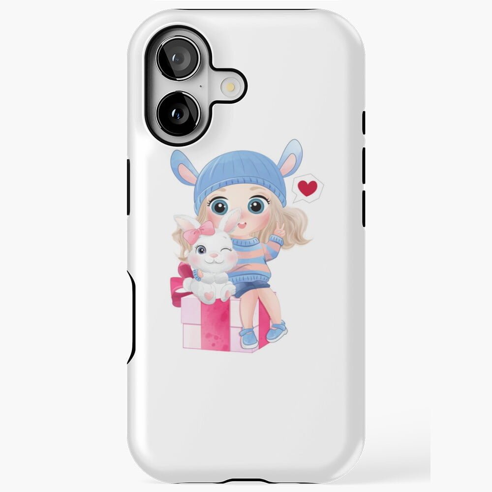Cute Cartoon Girl Holding a Rabbit Phone Case 17 16 15 14 13 12 11 Pro ...
