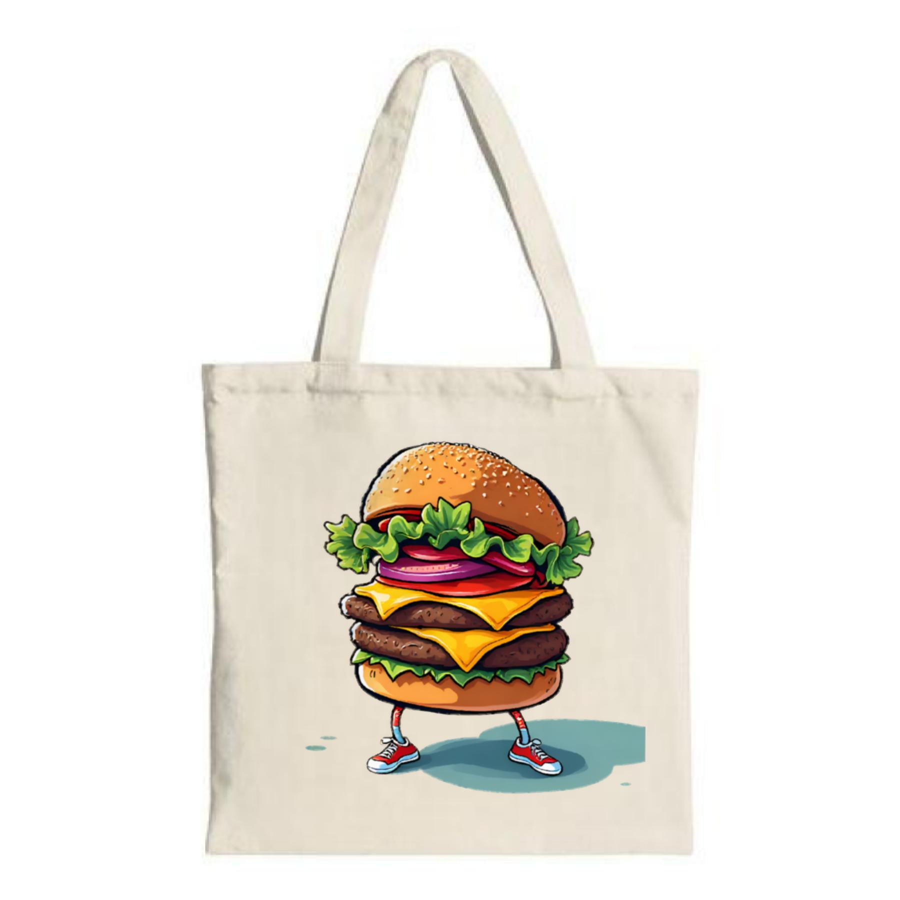 Cute Cartoon Hamburger Tote Bag - Fun Canvas Bag with Playful Hamburger ...