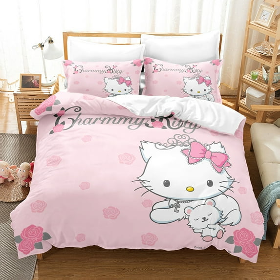 Cute Cartoon KT Cat Duvet Cover Pillowcase Three-piece Set Quilt Cover ...
