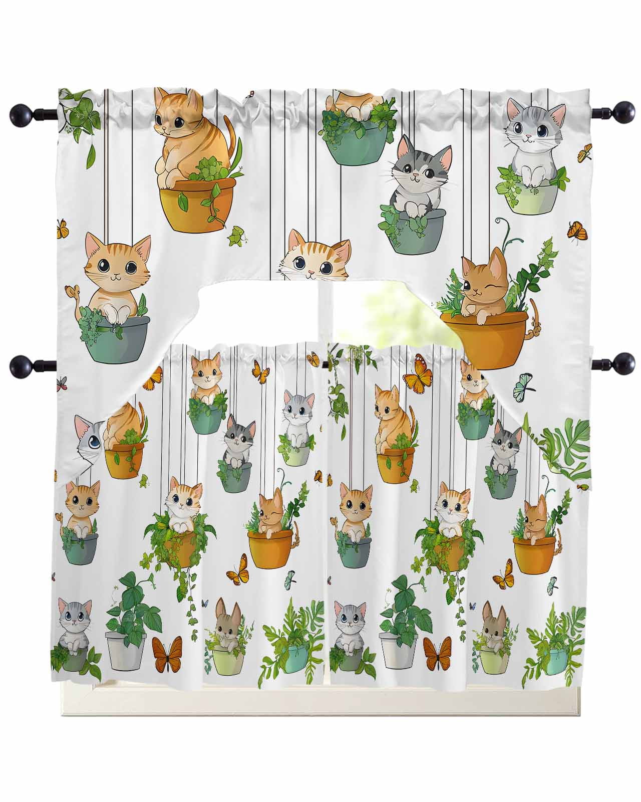 Cute Cartoon Kitchen Curtains Sets 36 Inch Length with Valance, Cat ...