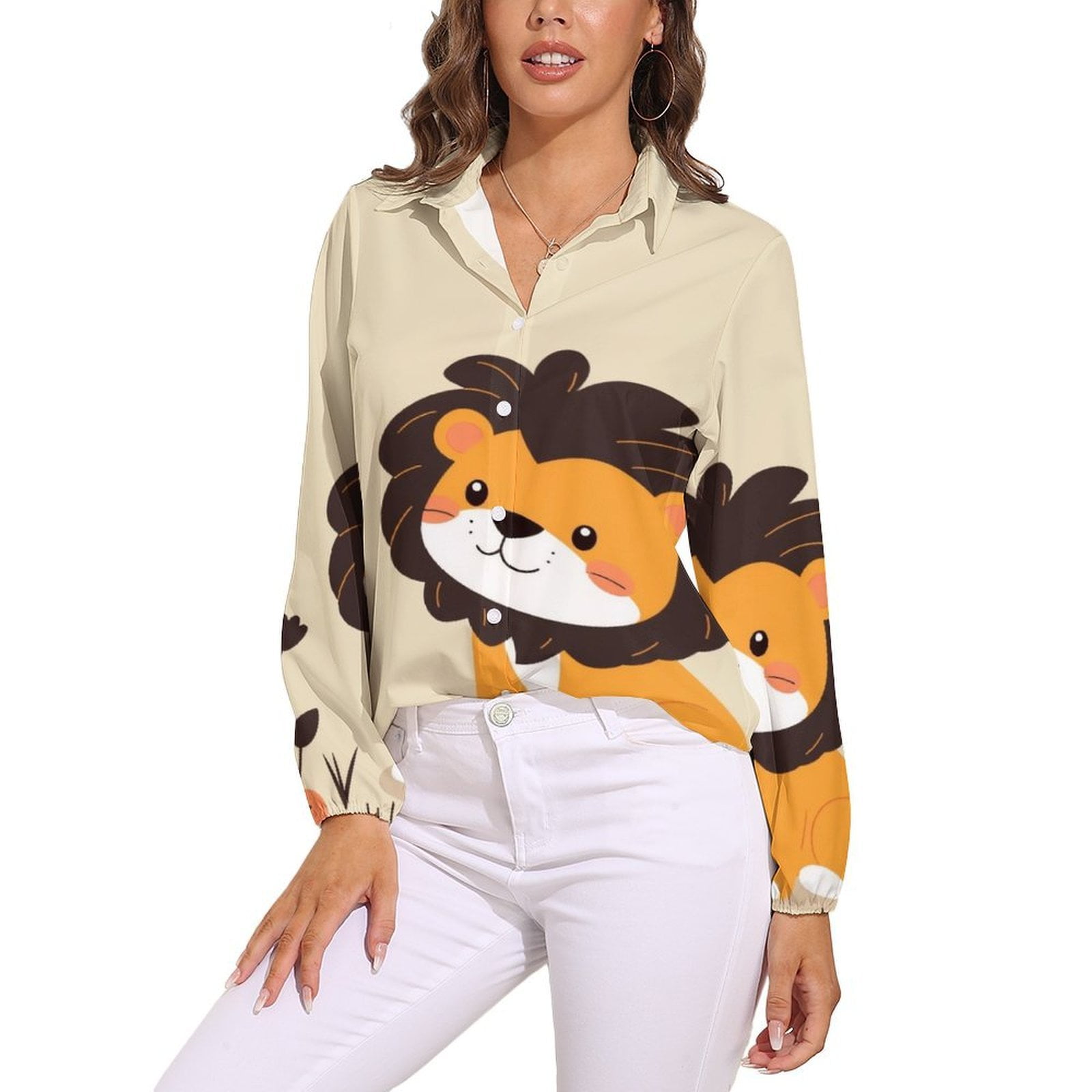 Cute Cartoon Lion Blouse For Women Loose Blouses Long Sleeve Shirts ...