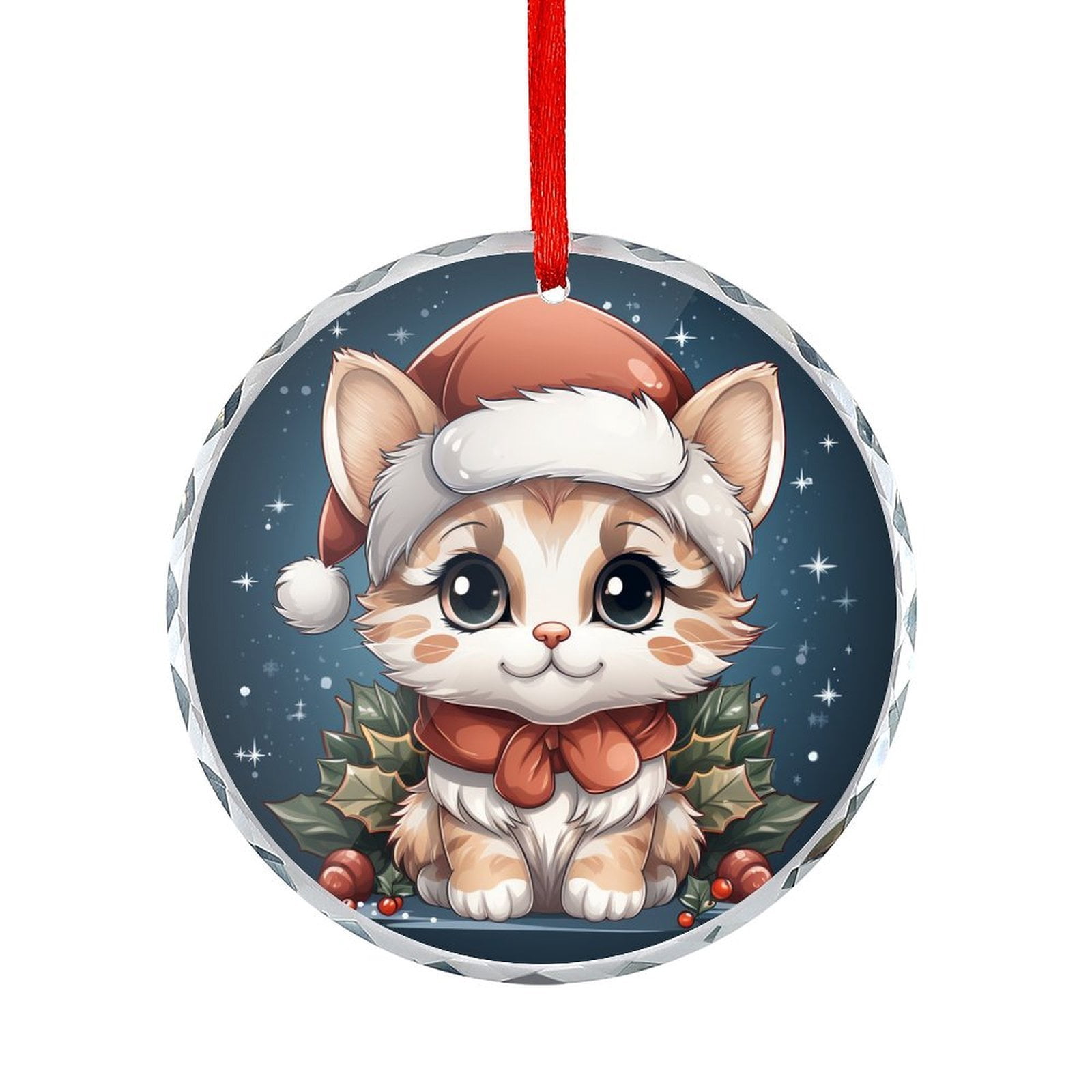 Cute Cartoon Meowy Christmas Cat Glass Ornament Holiday Decor And Xmas ...