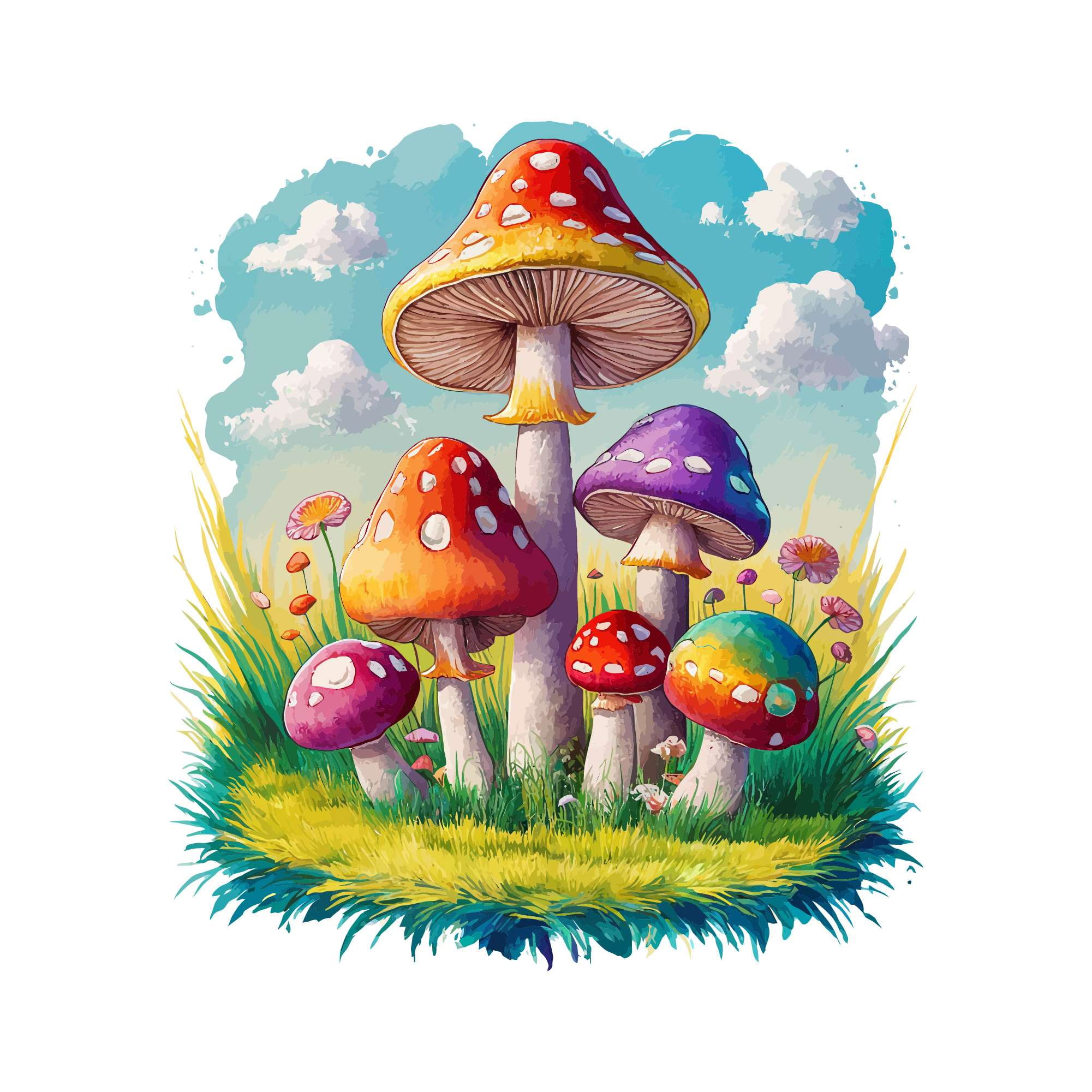 Cute Cartoon Mushrooms in Field Cartoon Wall Art Sticker Designs Vinyl ...